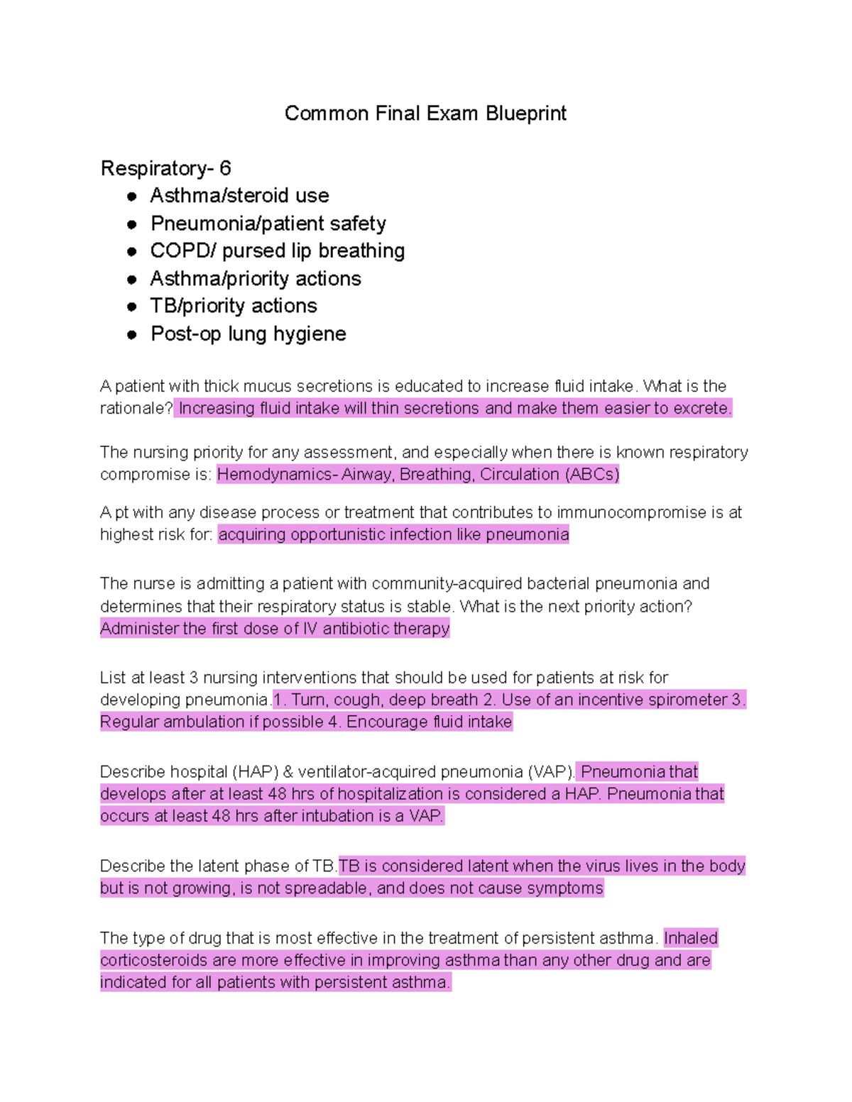 Common Final Exam Blueprint - Common Final Exam Blueprint Respiratory ...