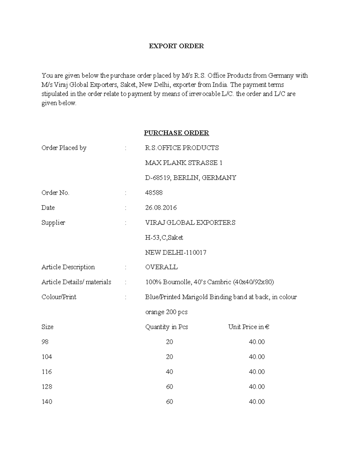 5. Contract - Trade Document - EXPORT ORDER You are given below the ...