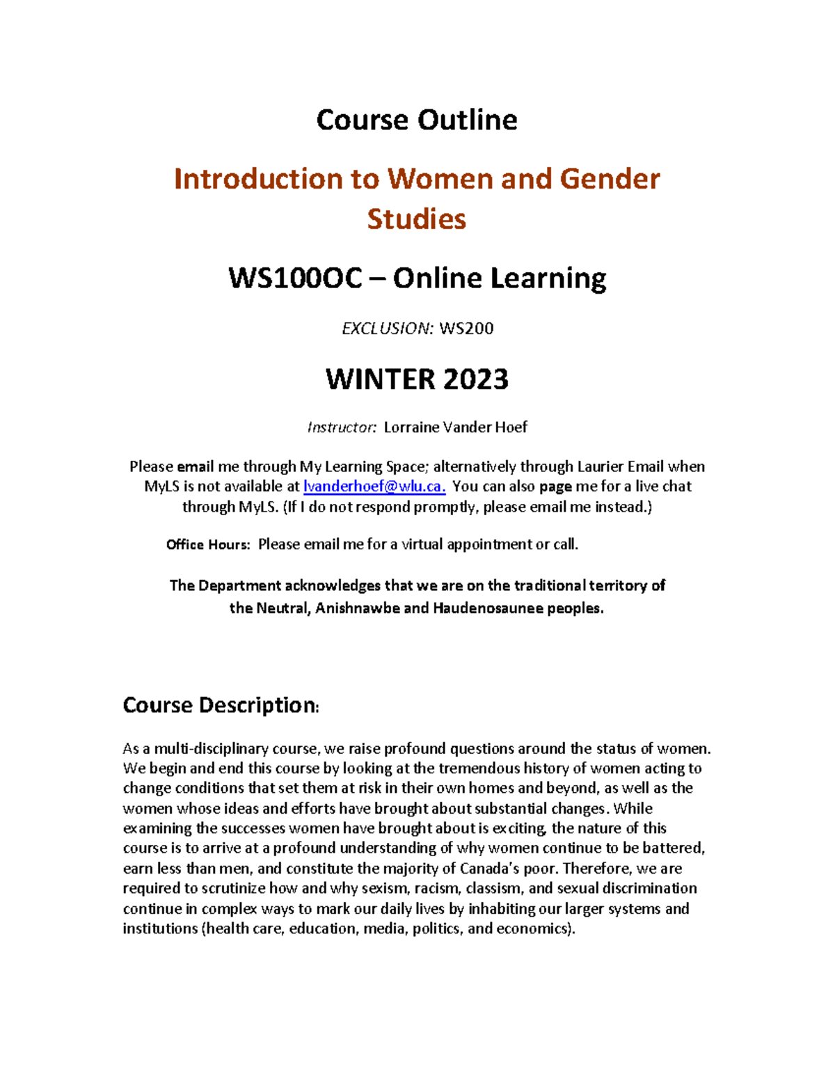 WS100 OC Course Outline, Winter, 2023 - Course Outline Introduction to ...