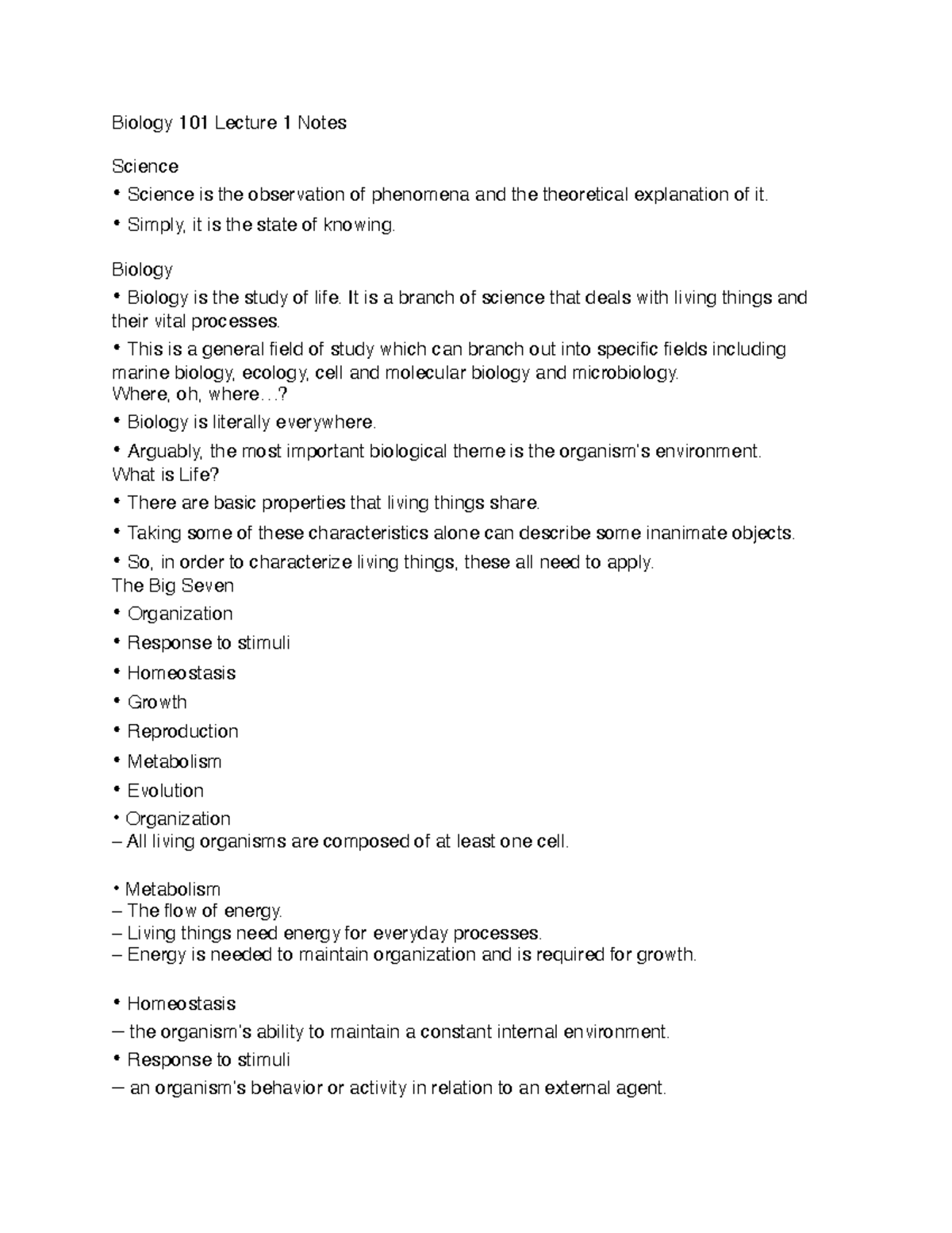 Bio 1 - Intro to biology class notes - Biology 101 Lecture 1 Notes ...