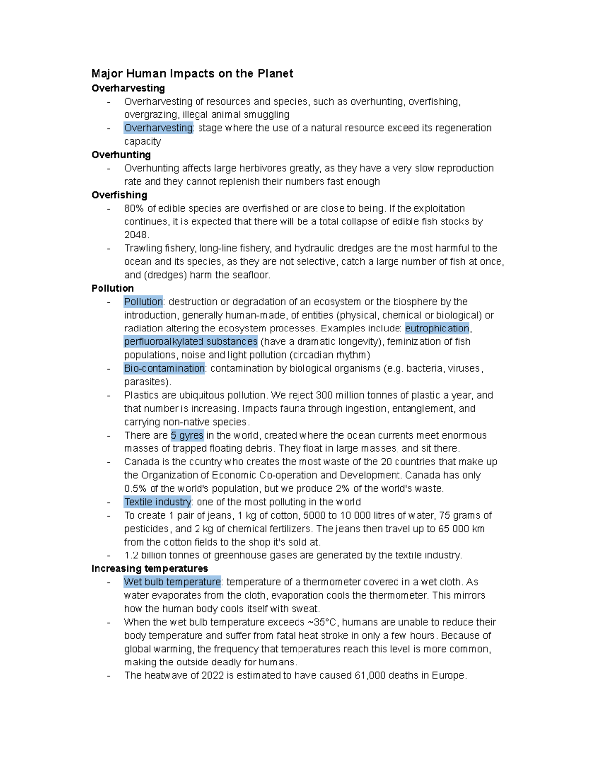 Lecture 3 Notes - Major Human Impacts on the Planet Overharvesting ...