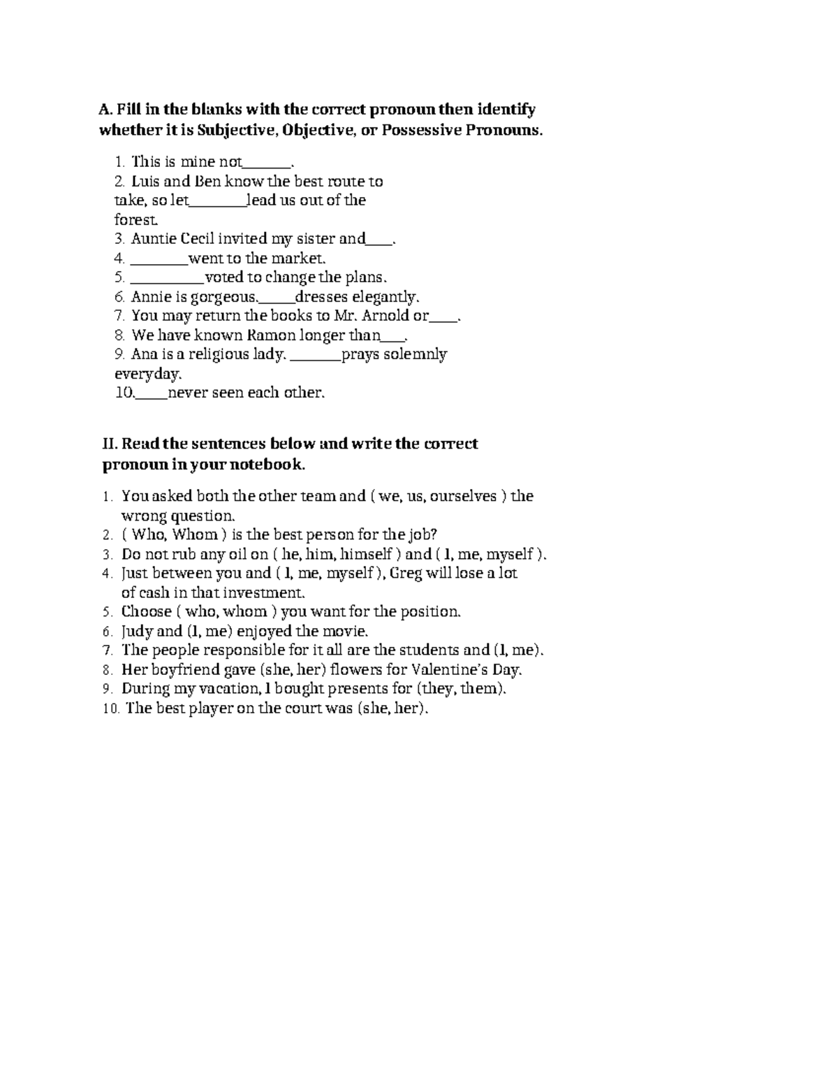 Cases of Pronouns Test - none - A. Fill in the blanks with the correct ...