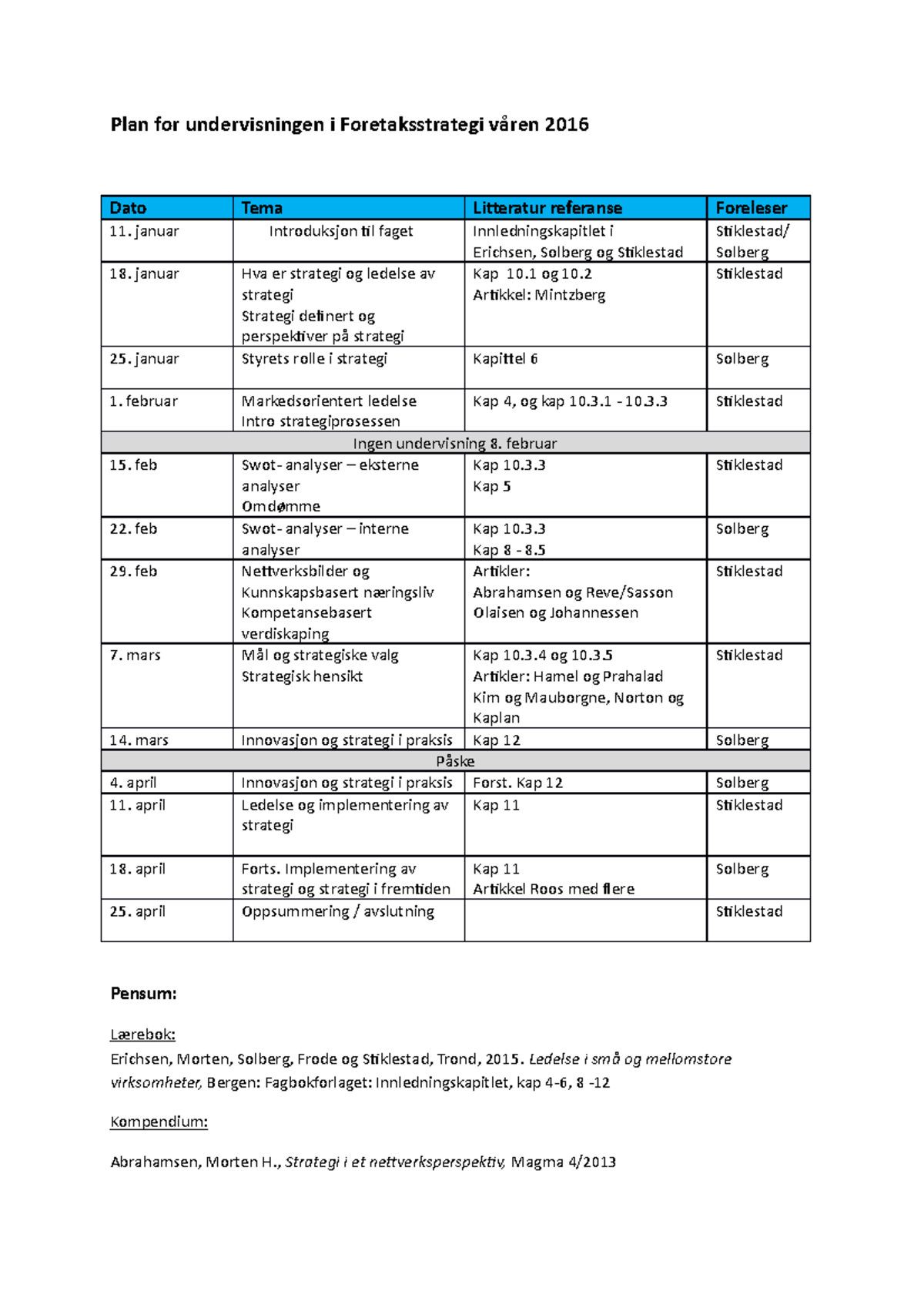 Fremdriftsplan vår 2016 - Plan for undervisningen i Foretaksstrategi ...