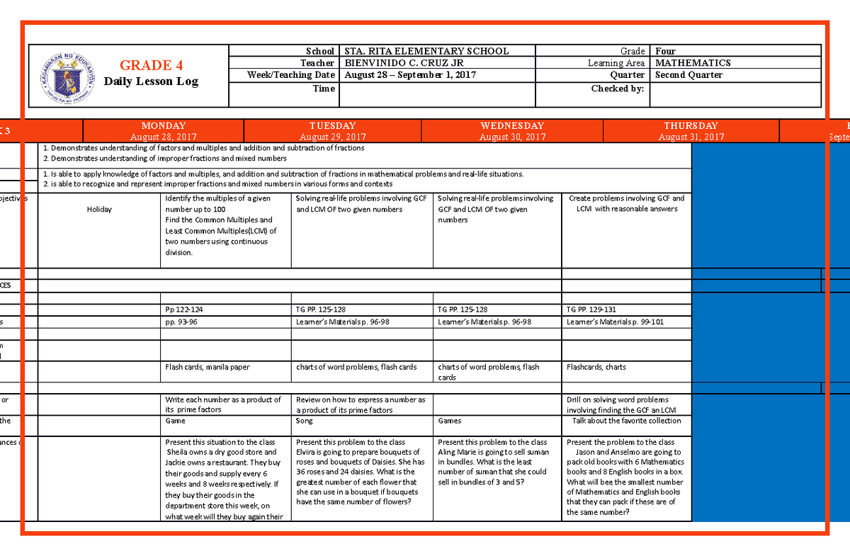 Grade 4 DLL Quarter 2 Week 3( Sir Bien Cruz ) - GRADE 4 Daily Lesson ...
