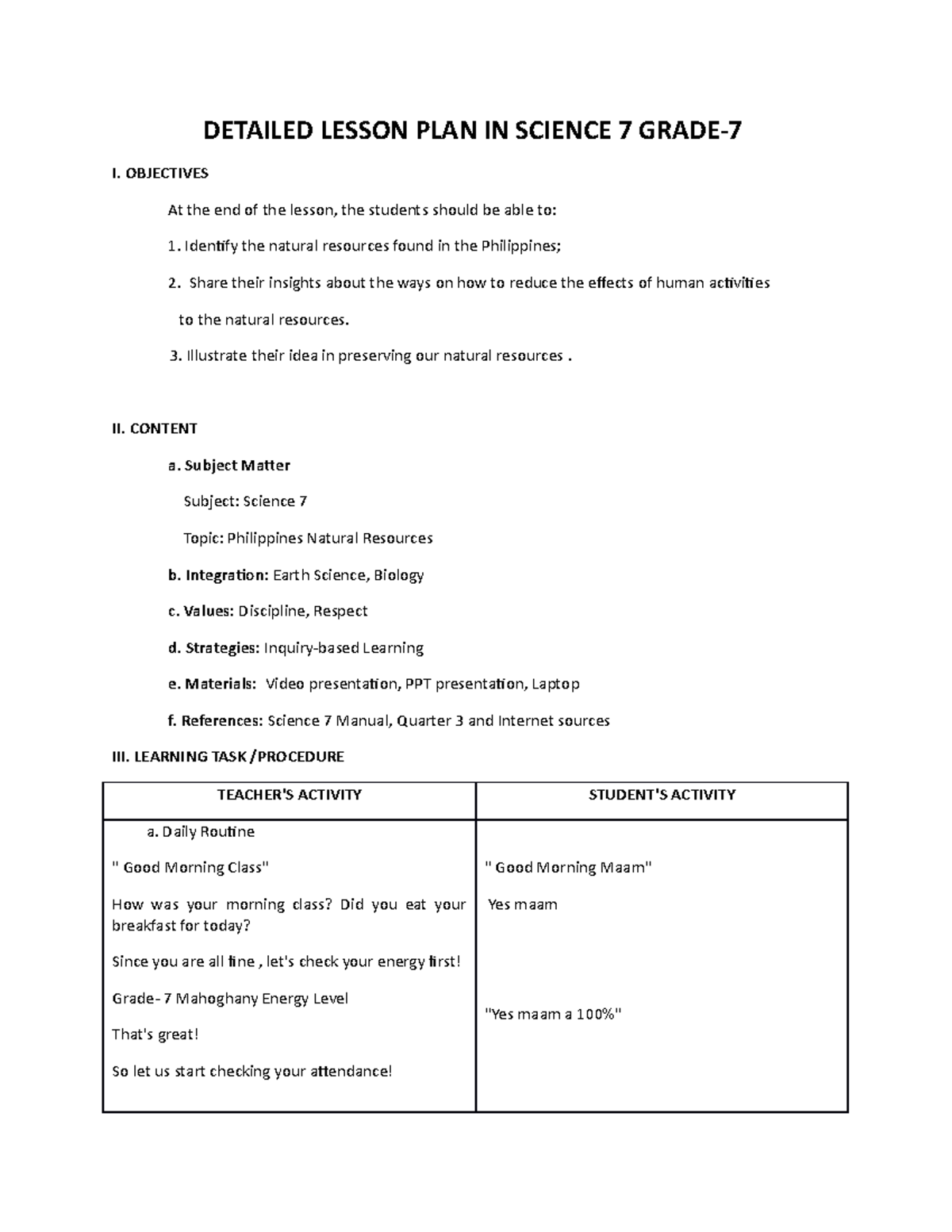 Learning-Plan high - FOR TEACHING DEMO PURPOSES ONLY - DETAILED LESSON ...