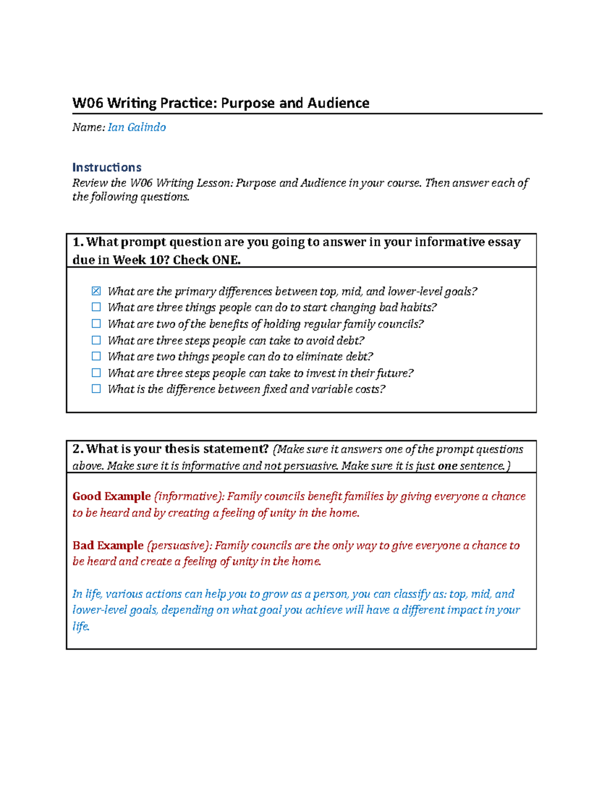 W06 Writing Practice - Then answer each of the following questions. 1 ...