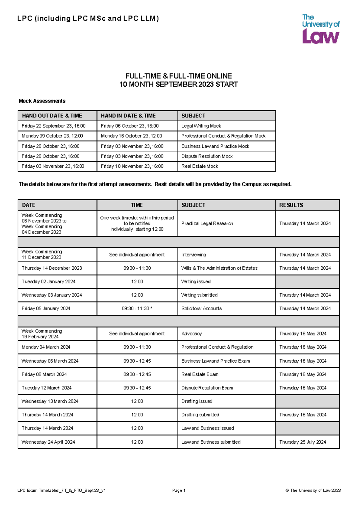 LPC Exam Timetables FT & FTO Sept 23 v1 - LPC (including LPC MSc and ...