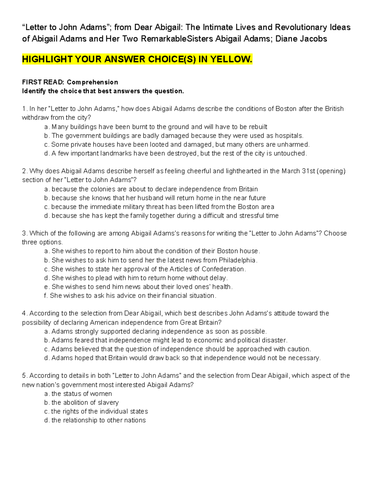 E3 “Letter to John Adams”; Study Guide - “Letter to John Adams”; from ...