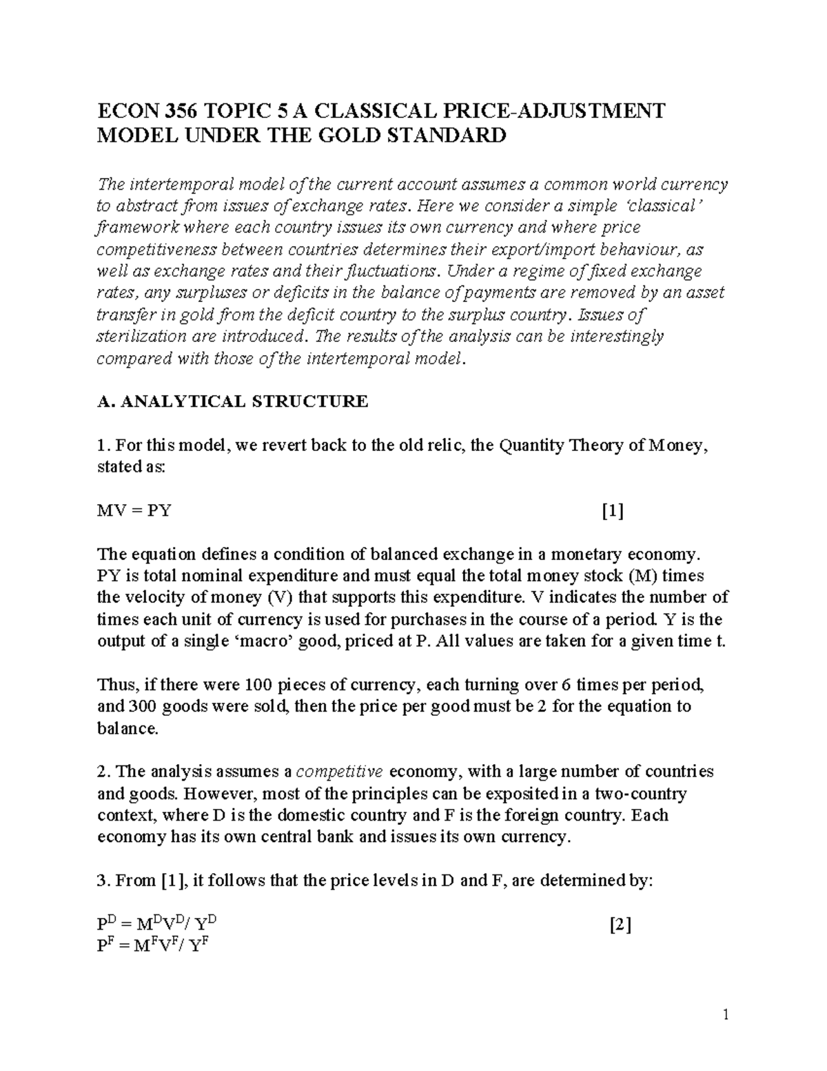 356 Topic 5 Classical GOLD Standard Model - ECON 356 TOPIC 5 A ...