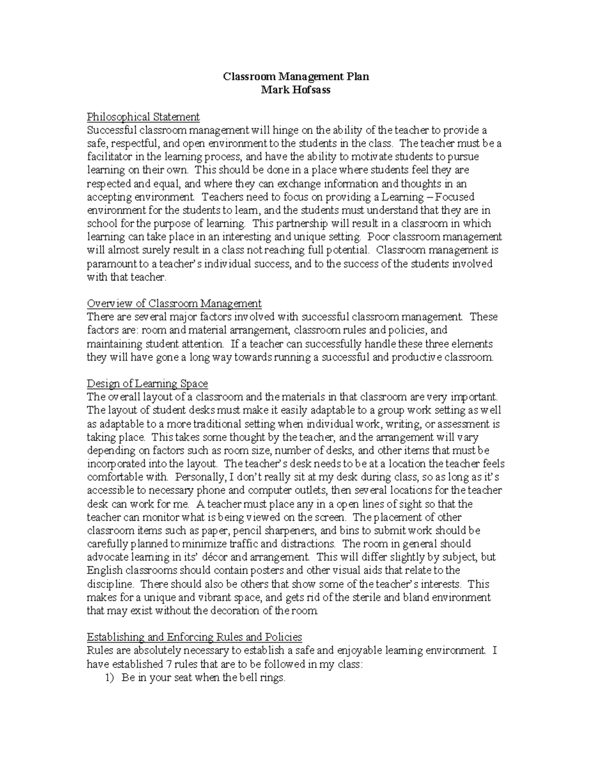 Classroom Management plan pdf - Classroom Management Plan Mark Hofsass ...