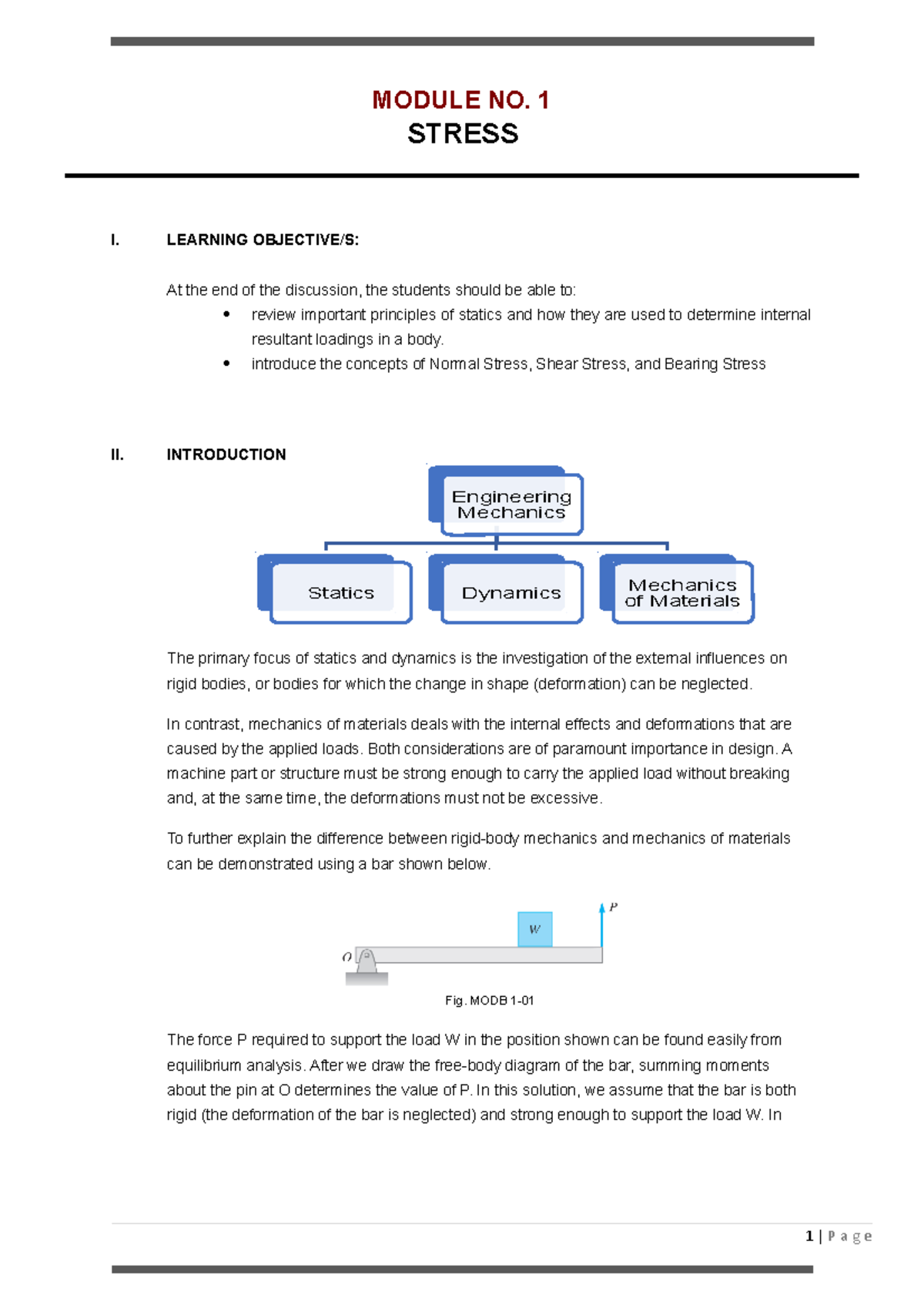 Module-01 Stress - MODULE NO. 1 STRESS I. LEARNING OBJECTIVE/S: At the ...