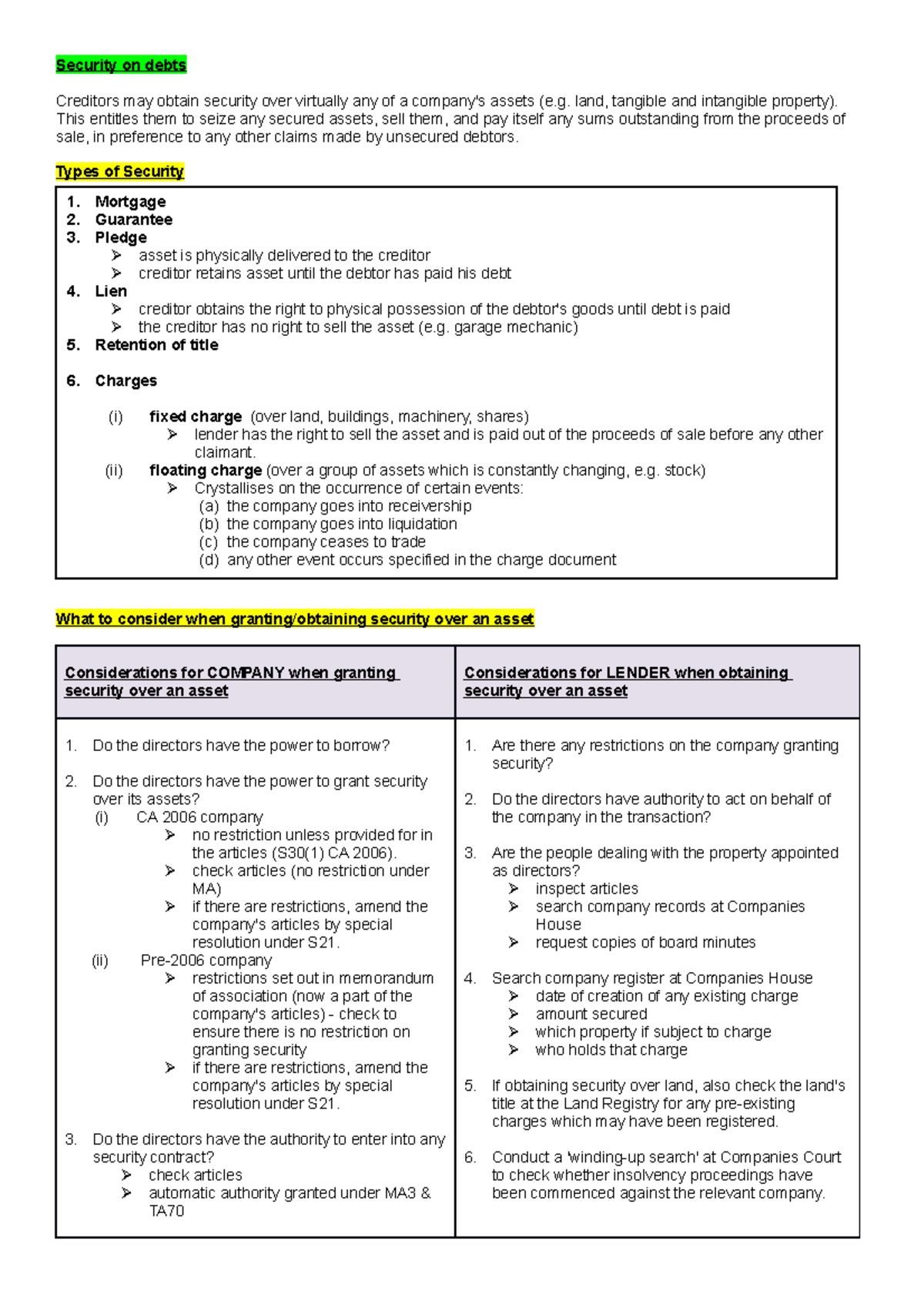 3. Security & priority on charges - Security on debts Creditors may ...