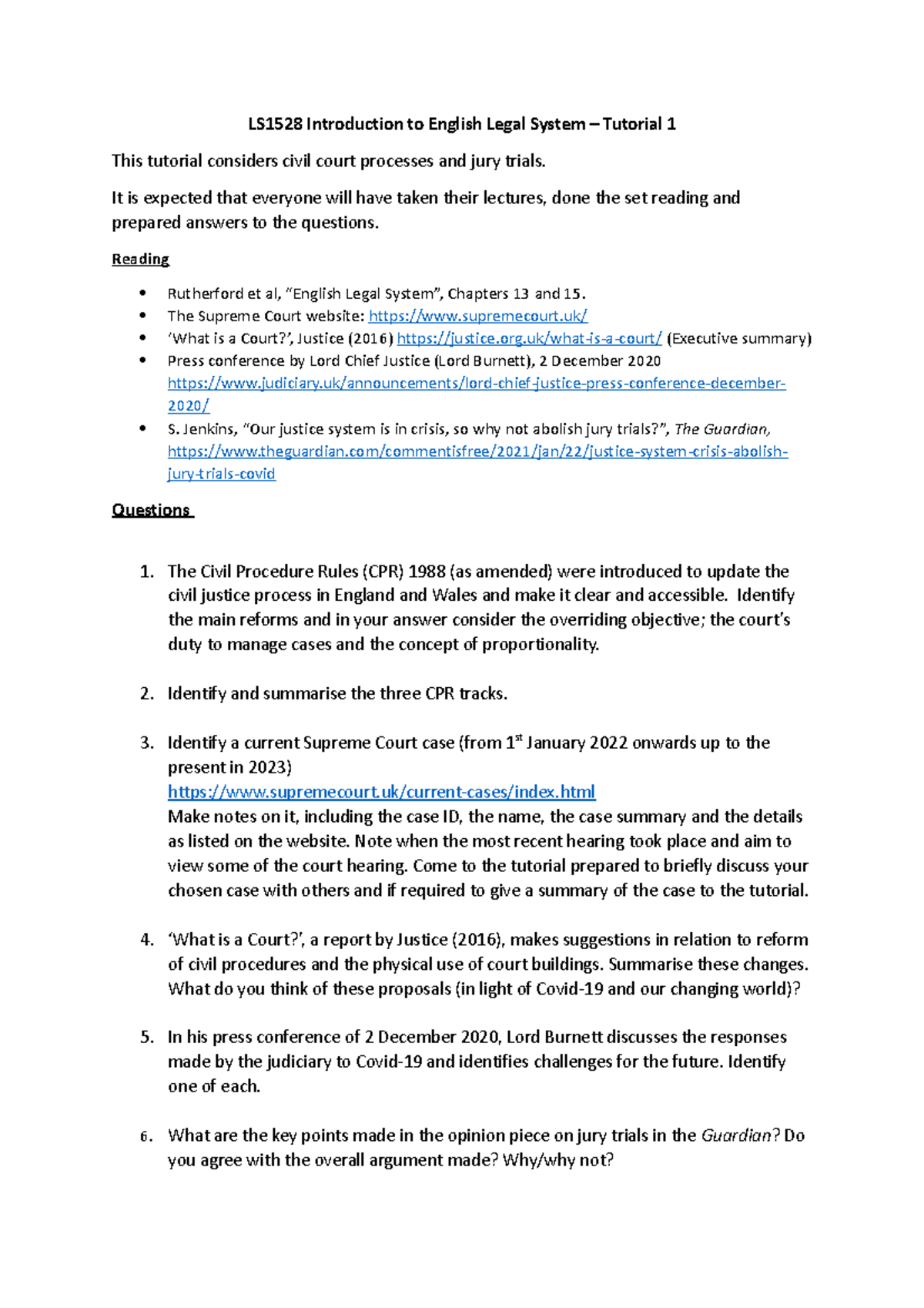 LS1528 Tutorial 1 questions, final - LS1528 Introduction to English Legal System – Tutorial 1 ...