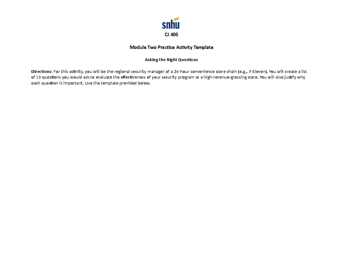 CJ 405 Module Two Practice Activity Template - , 7-Eleven). You will ...