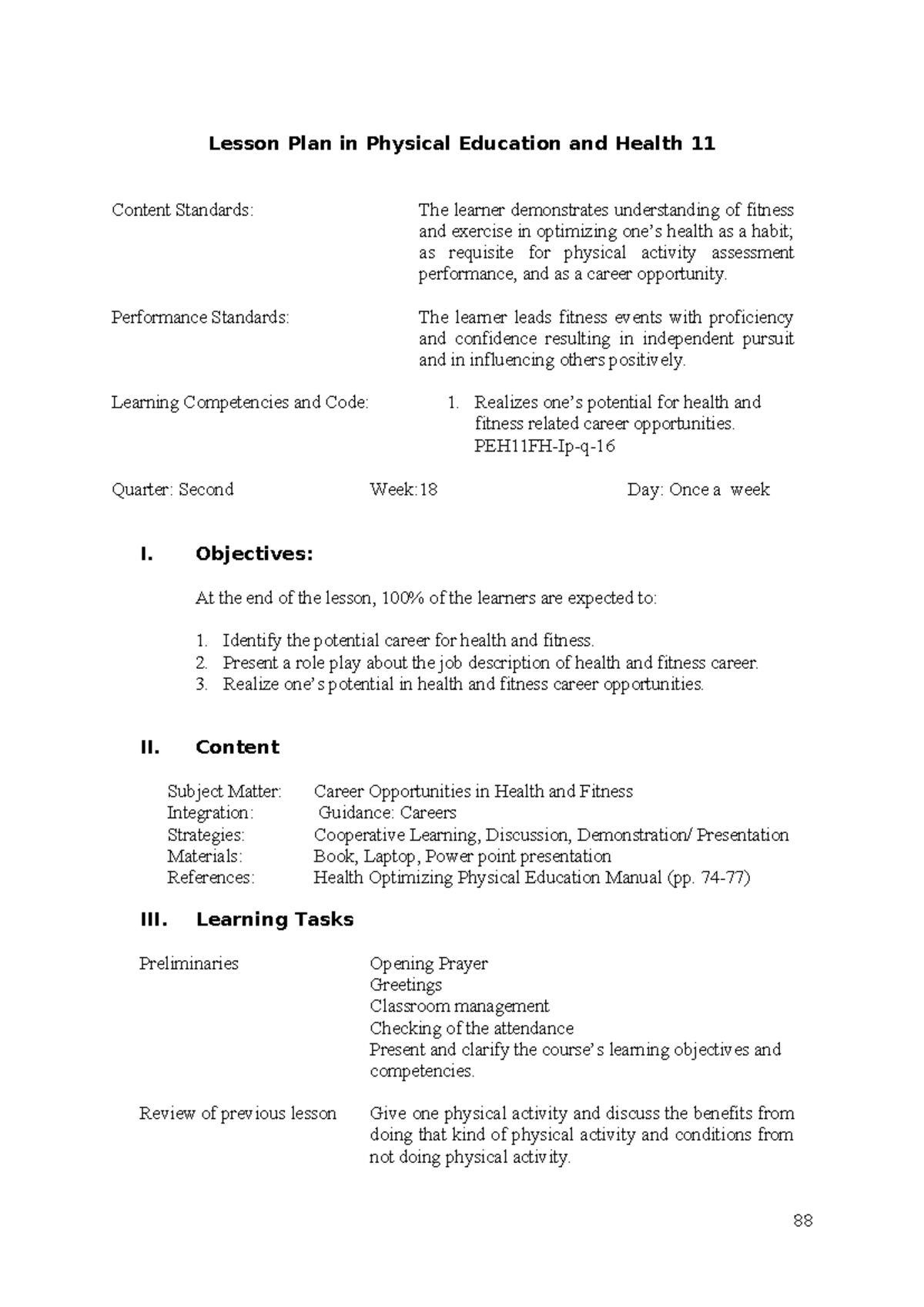 Mapeh lesson plan - Lesson Plan in Physical Education and Health 11 ...