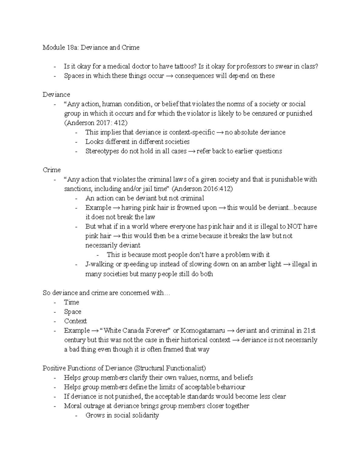 SOCY Module 18 Notes - Module 18a: Deviance and Crime Is it okay for a ...