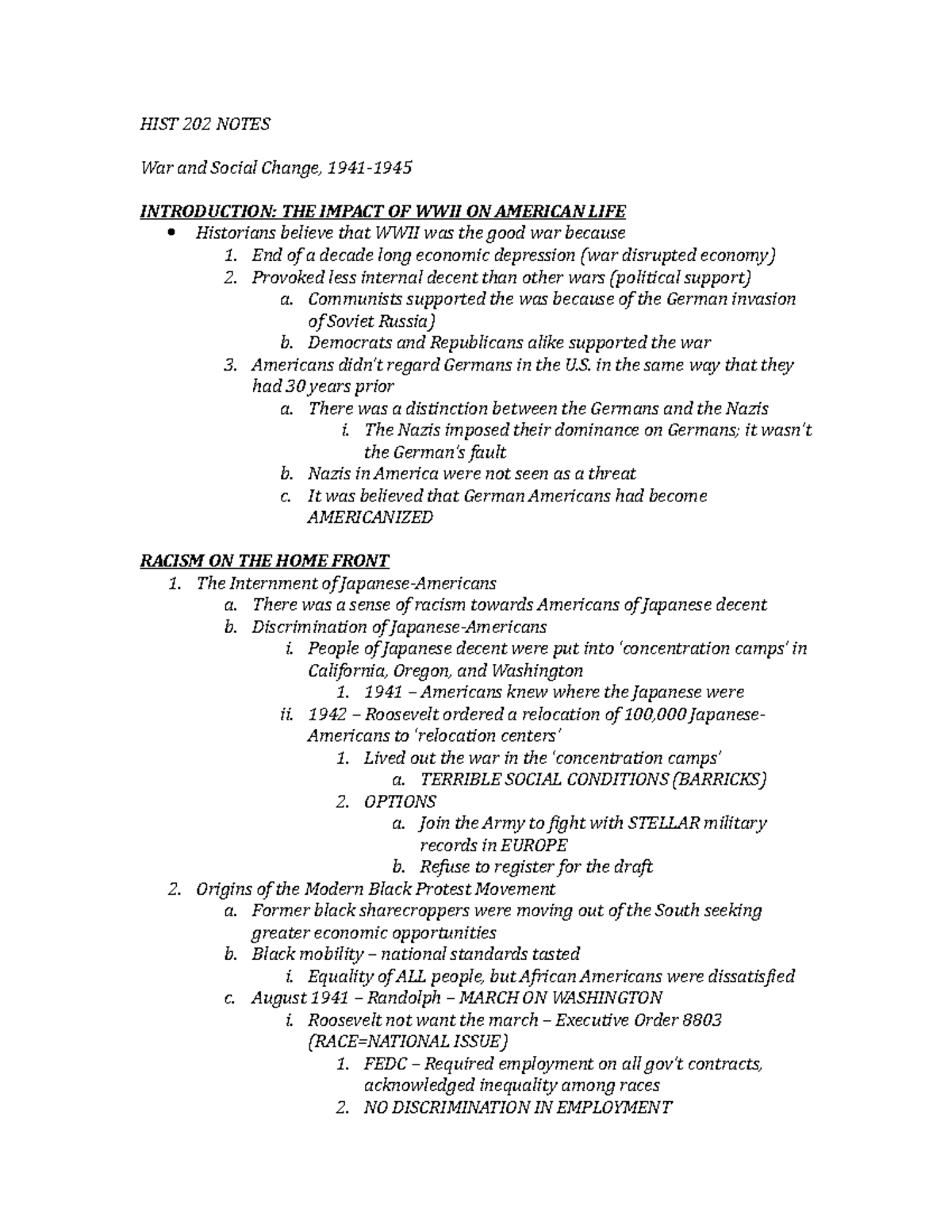 HIST 202 Notes War and Social Change 1941-1945 - HIST 202 NOTES War and ...