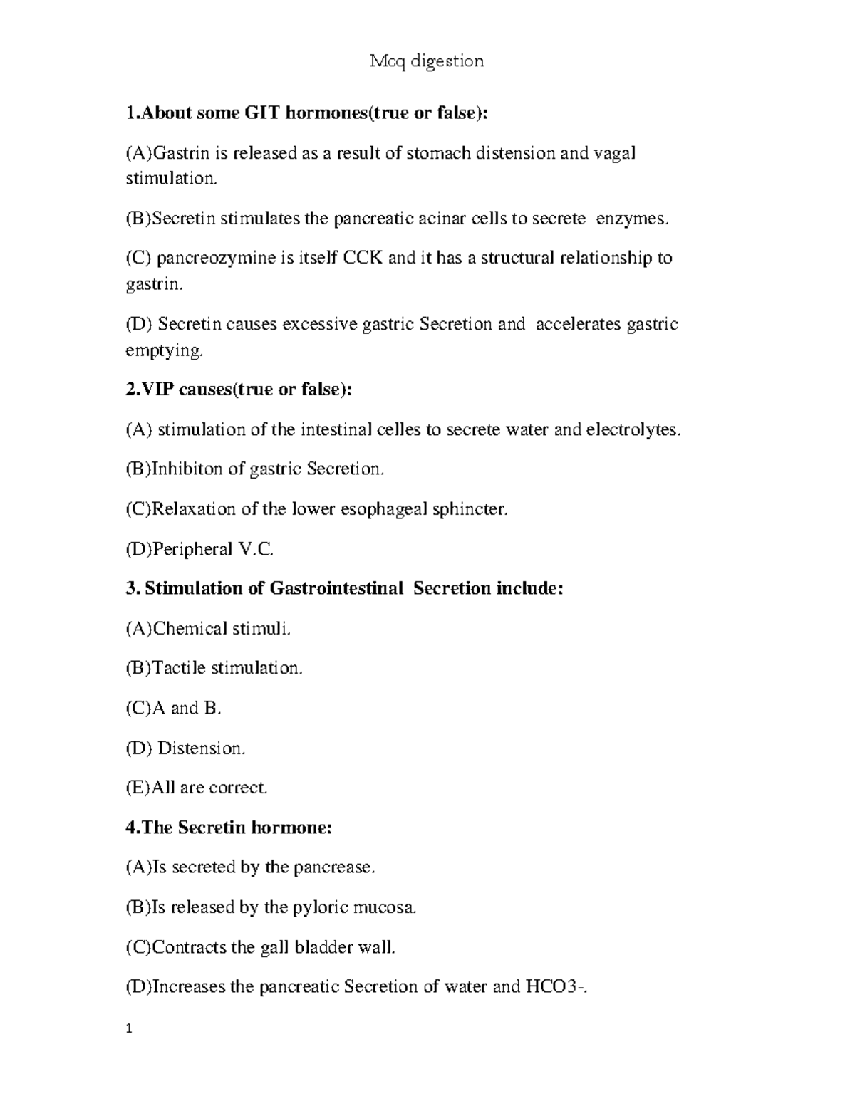 Git Mcqs Git 1 Some Git Hormonestrue Or False Agastrin Is Released As A Result Of