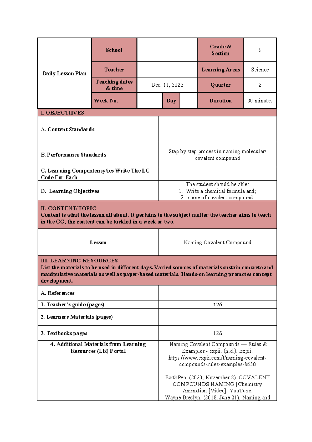 7Es Daily Lesson Plan Naming Ionic Compound - Daily Lesson Plan School ...