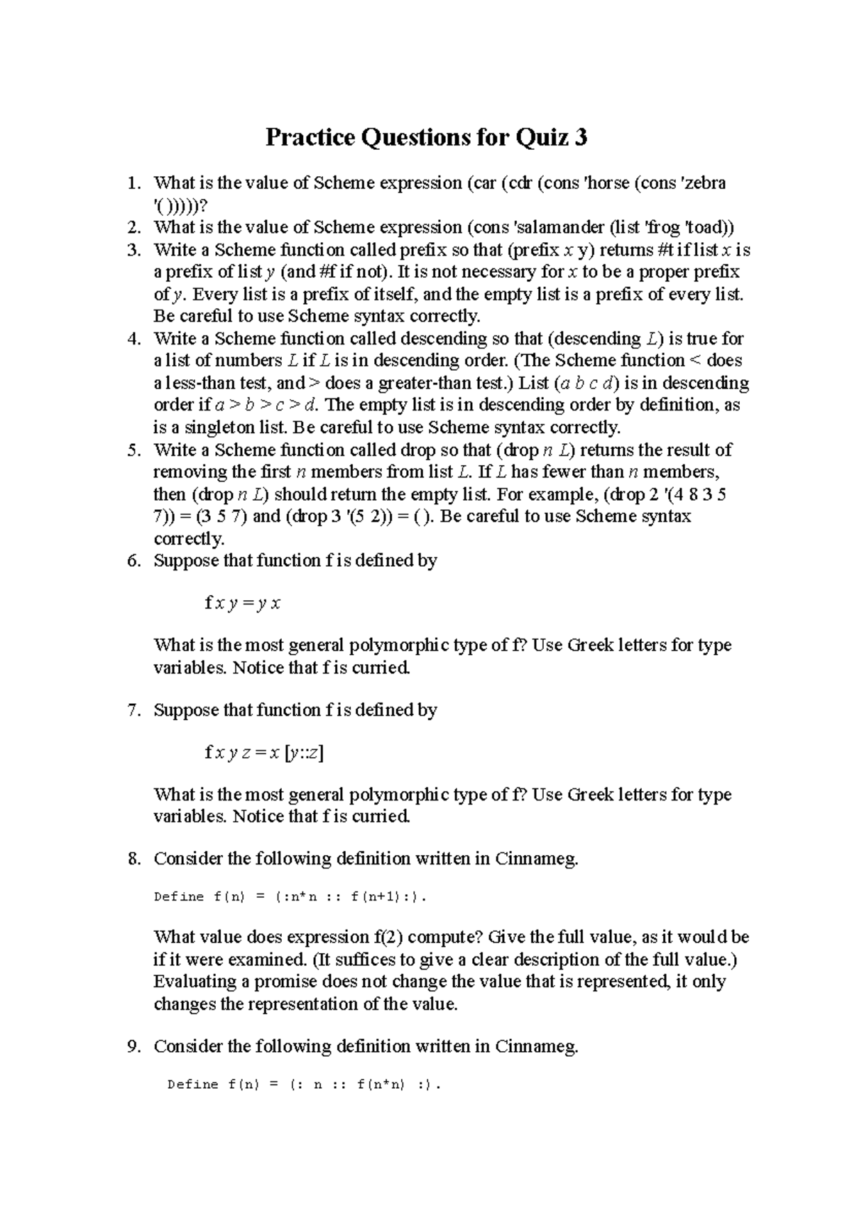 Practice Questions for Quiz 3 - What is the value of Scheme expression ...