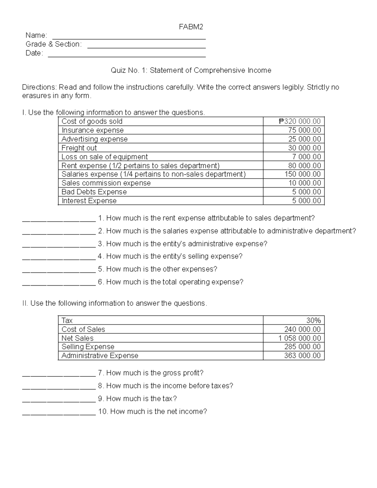 FABM2 4GP Quiz No. 1 - Quiz - FABM Name: Grade & Section: Date: Quiz No ...