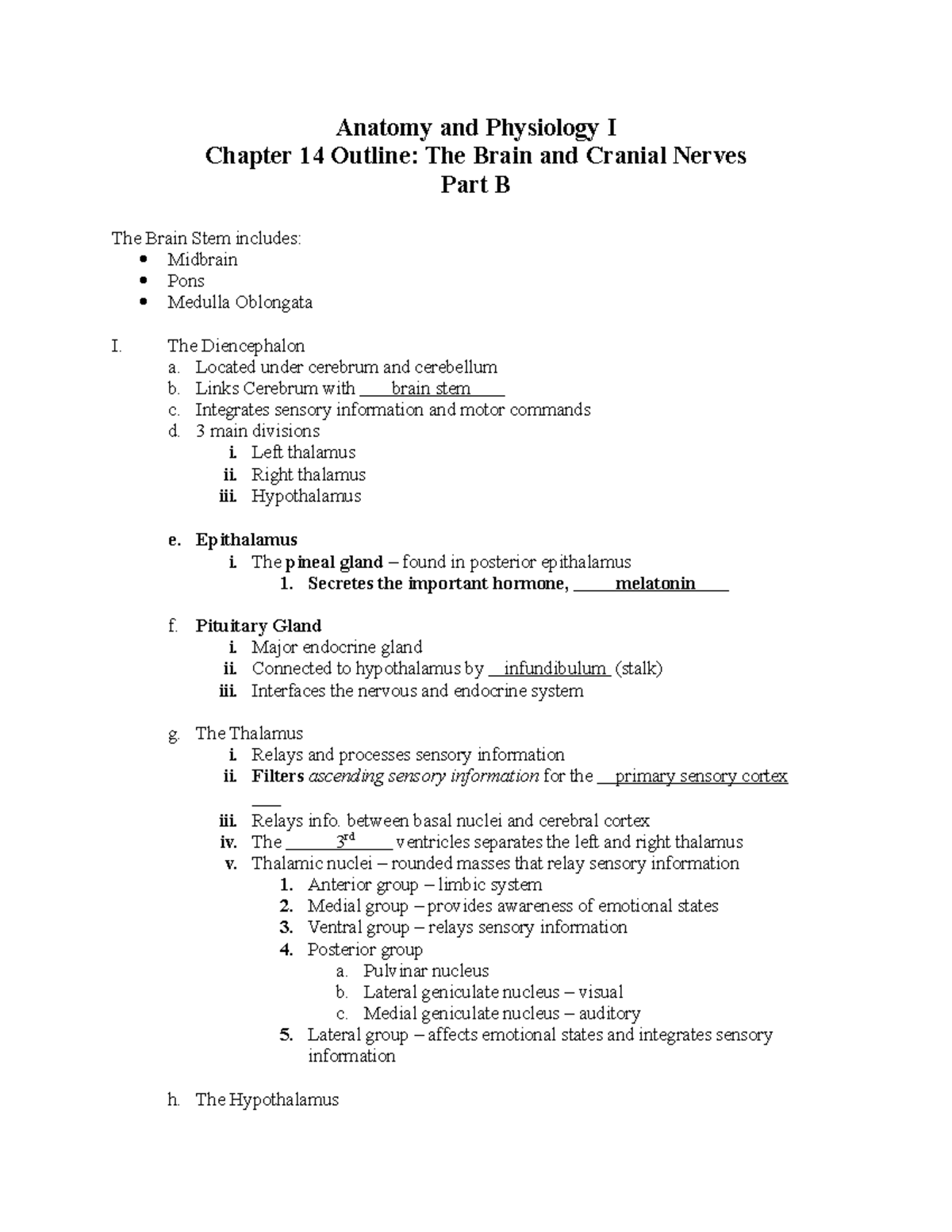 Ch 14b - notes - Anatomy and Physiology I Chapter 14 Outline: The Brain ...