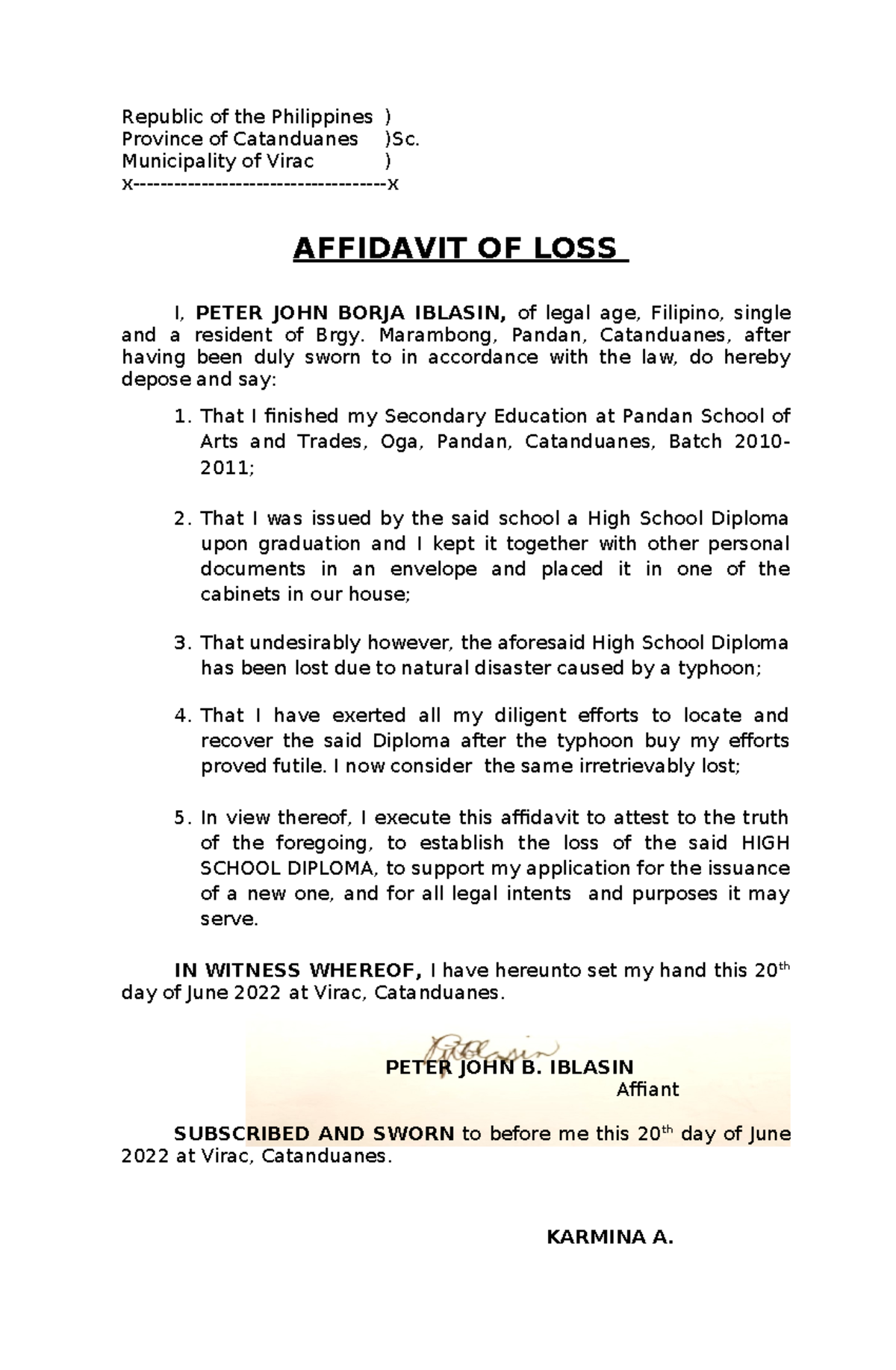 Affidavit OF LOSS - Republic of the Philippines ) Province of ...