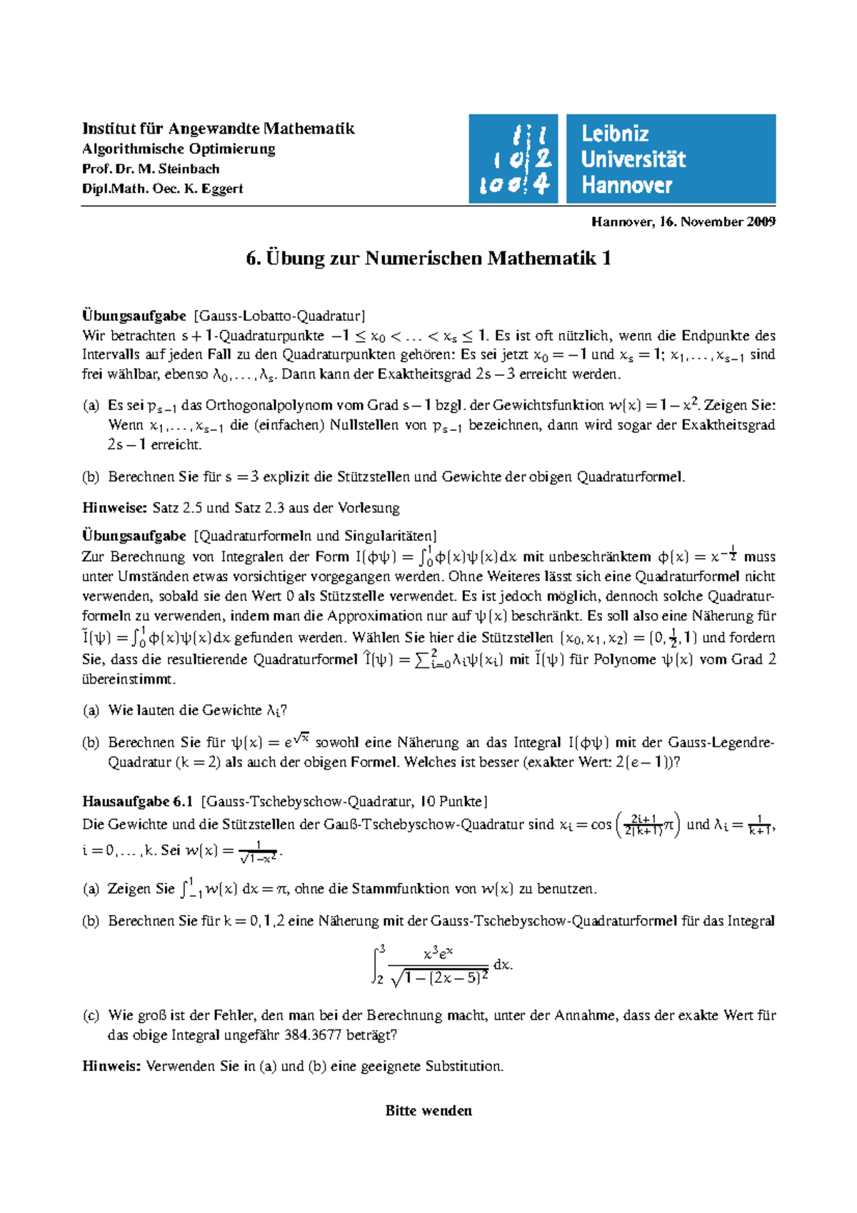 Numerische-mathematik-1 steinbach 2010 hausuebung 06 - Numerik I - Uni ...
