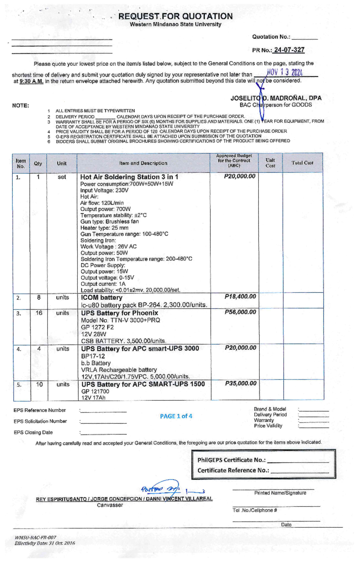 PR 24 07 327 RFQ - SAMPLE PR - REQUEST. FOR QUOTATION Western Mindanao ...