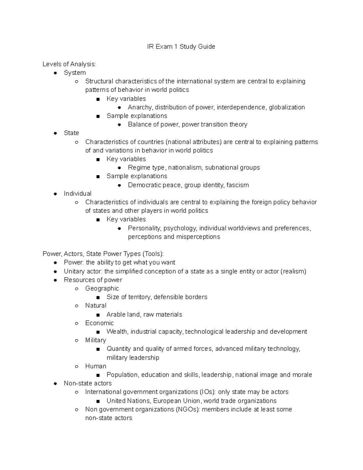 IR Exam 1 Study Guide - IR Exam 1 Study Guide Levels of Analysis ...