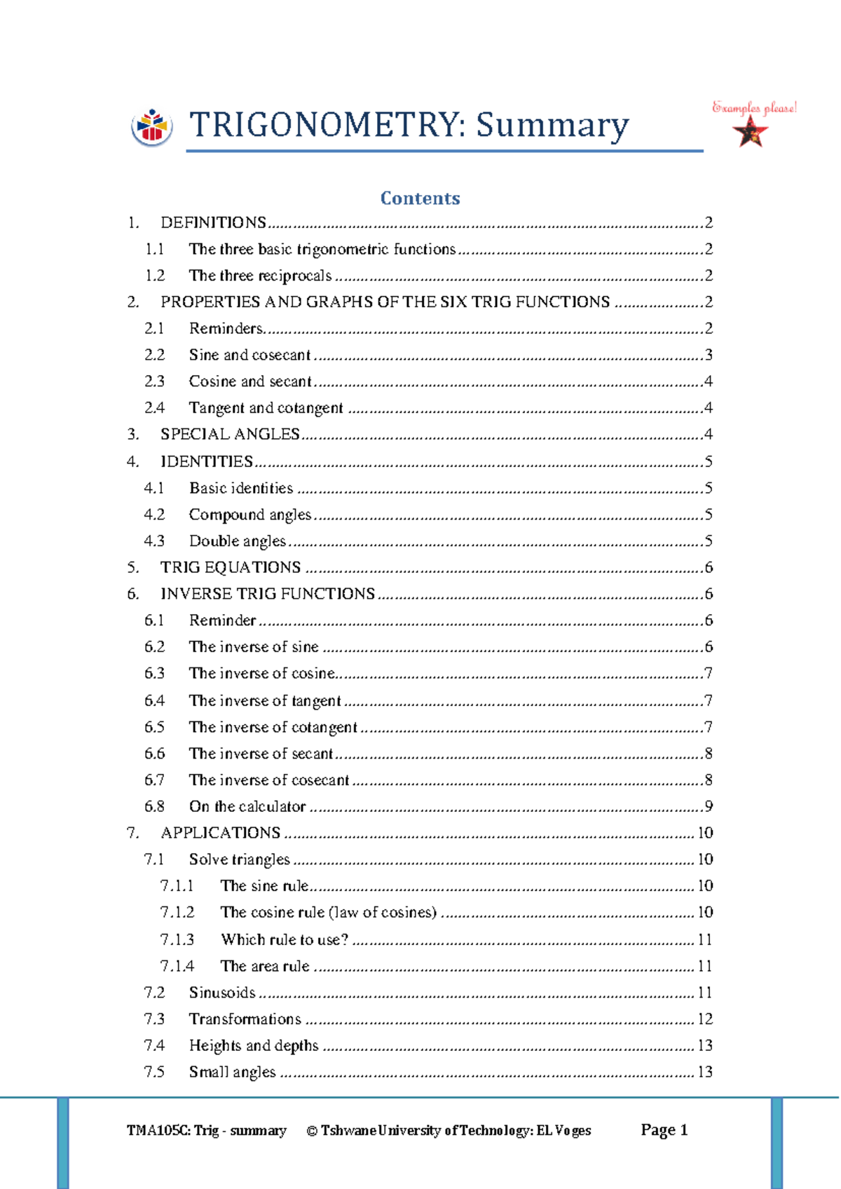 6 Trig Summary - trig - TRIGONOMETRY: Summary DEFINITIONS Contents 1 The three basic ...
