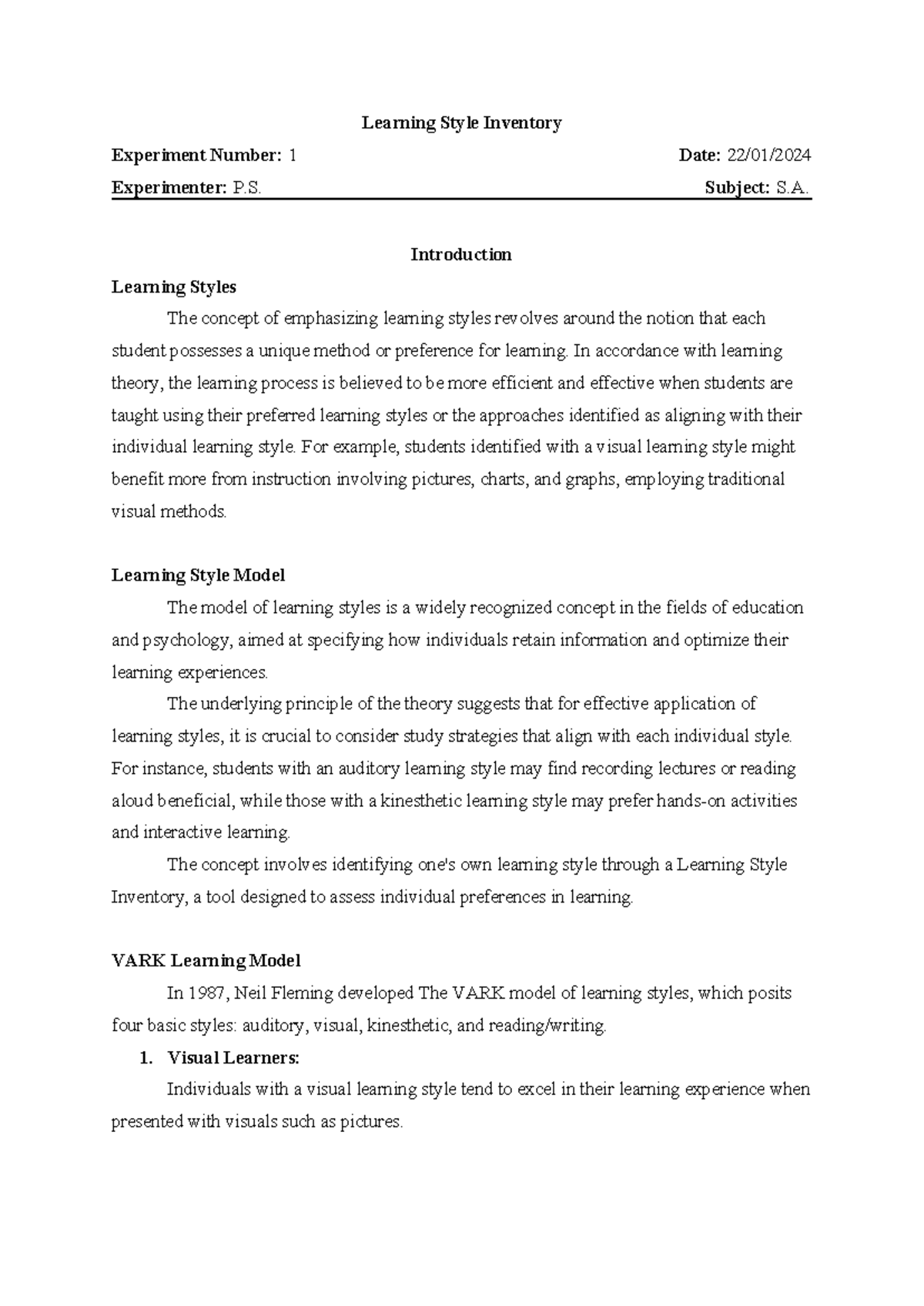1 learning style inventory - Learning Style Inventory Experiment Number ...