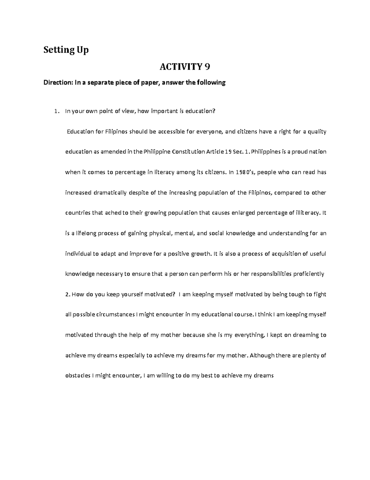 Setting UP Activity 9 - In your own point of view, how important is ...