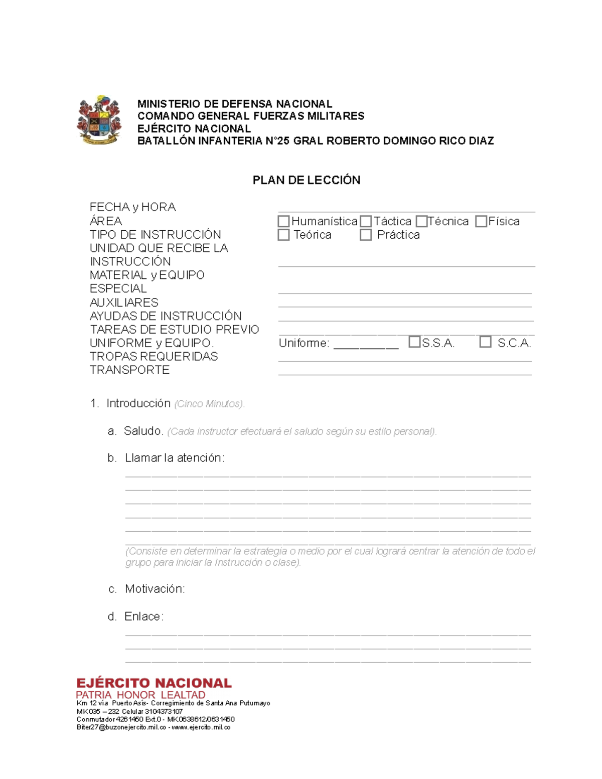 PLAN DE Leccion Estandar 2023 - MINISTERIO DE DEFENSA NACIONAL COMANDO GENERAL FUERZAS MILITARES ...