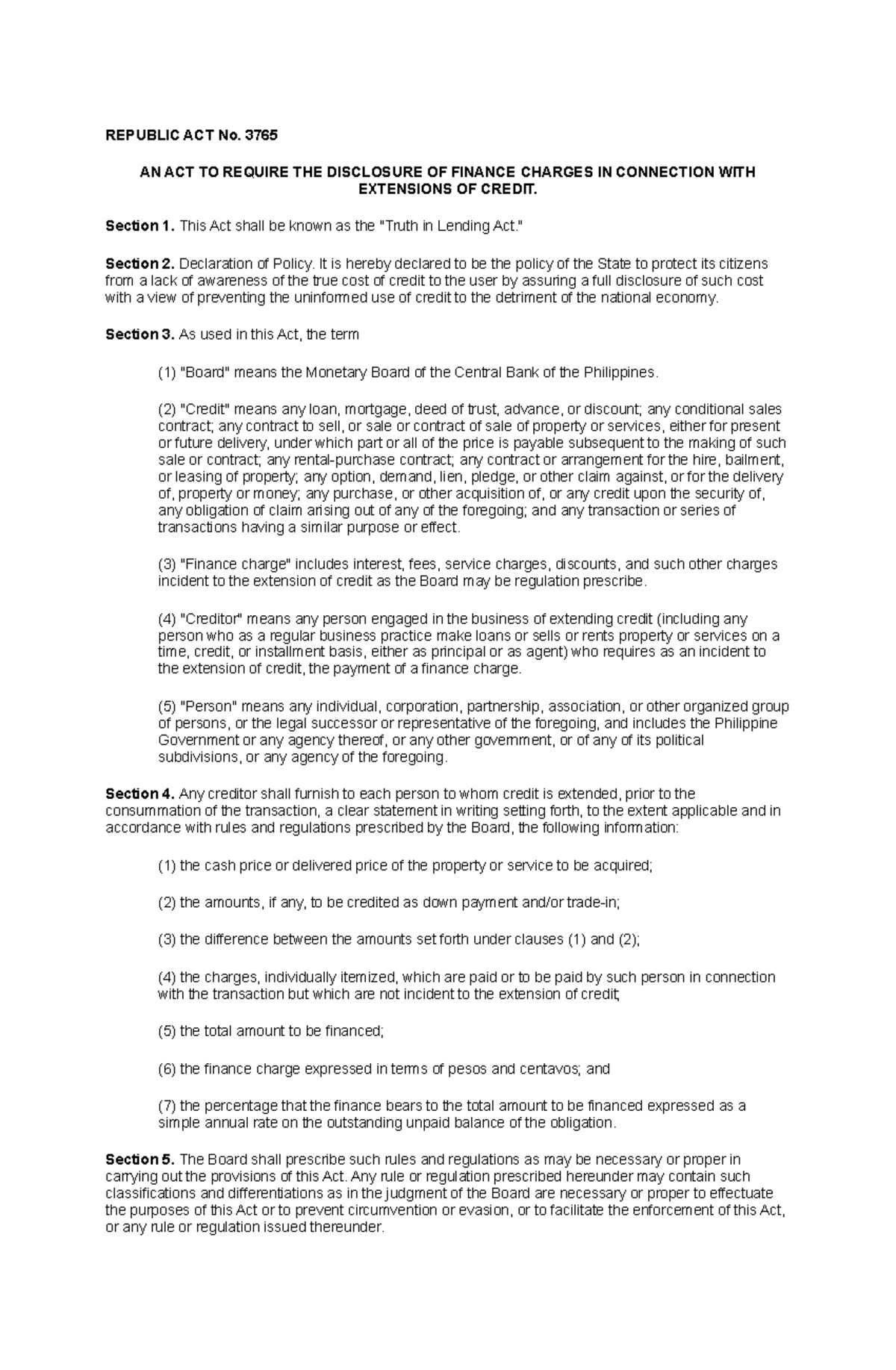 Truth IN Lending ACT - lecture - REPUBLIC ACT No. 3765 AN ACT TO ...