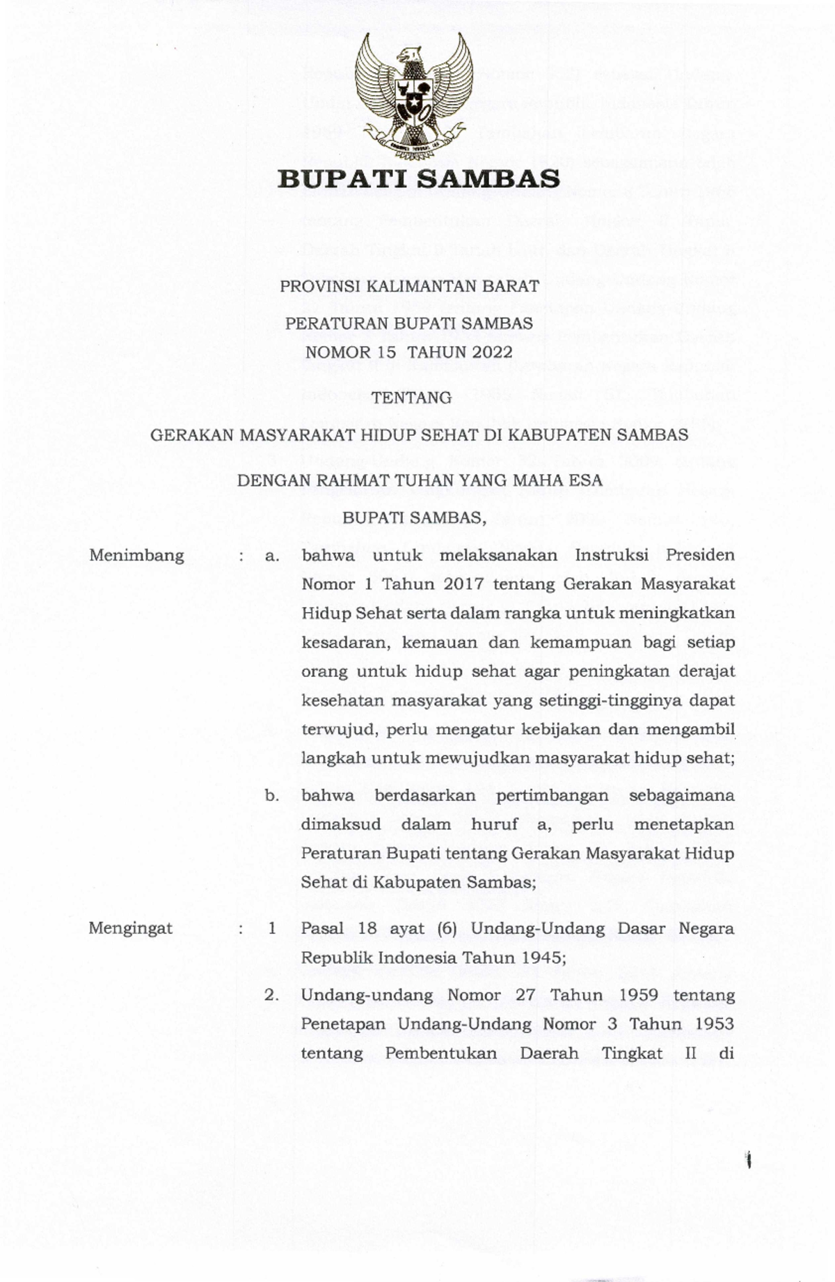 Perbup 15 2022 Sambas Gerakan Masyarakat Hidup Sehat Di Kabupaten Sambas Salinan - BUPATI SAMBAS ...