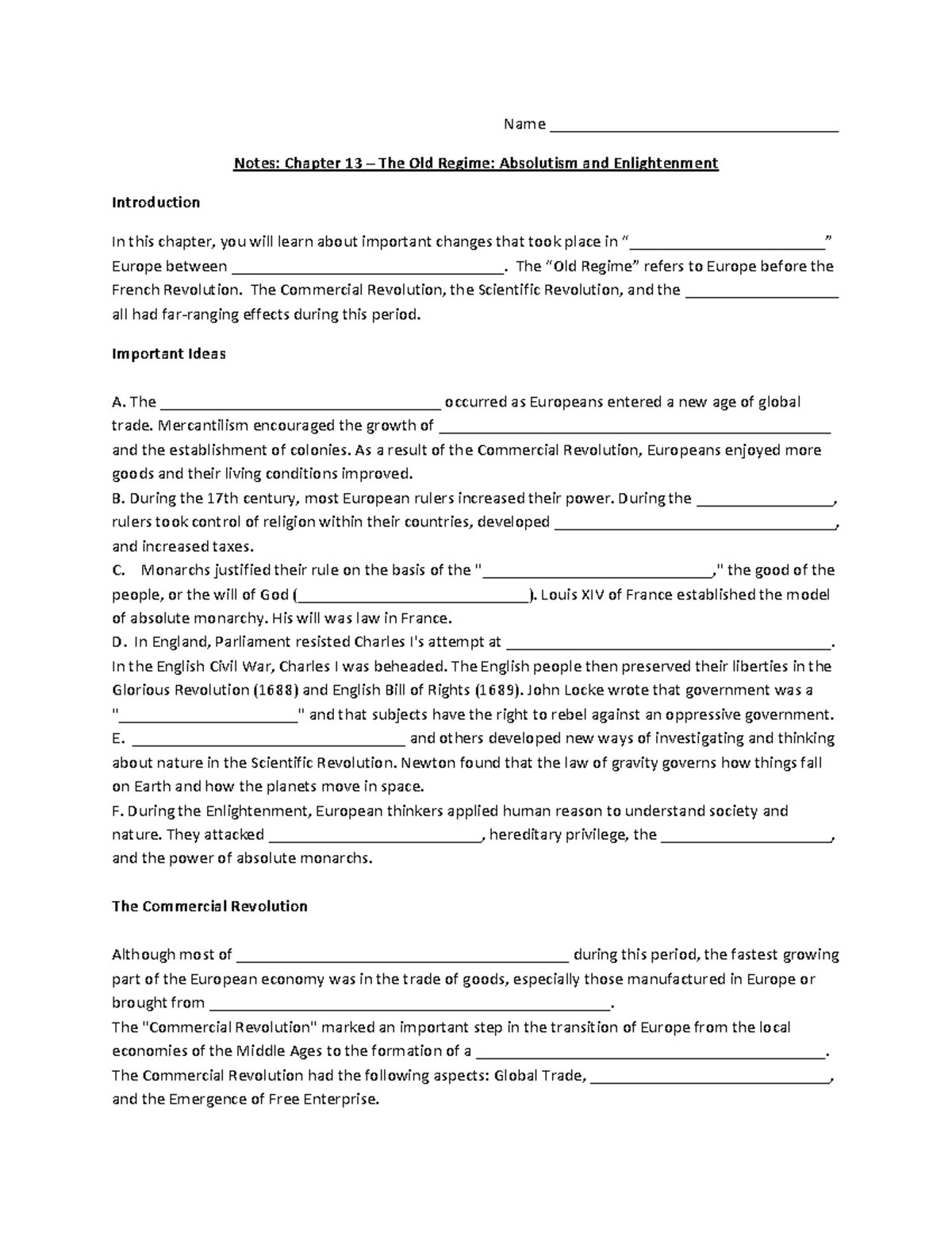 WH notes ch 13 - Name __________________________________ Notes: Chapter ...