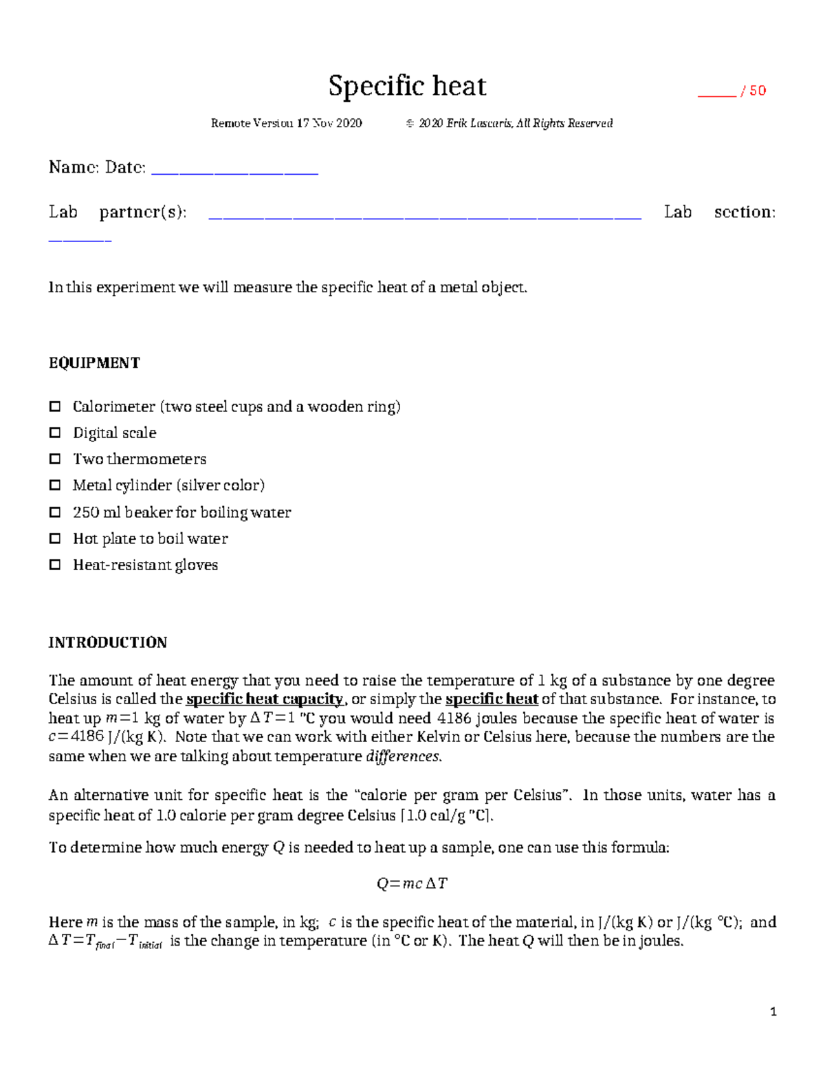 Remote-Lab-11 Specific Heat - Specific heat _______ / 50 Remote Version ...