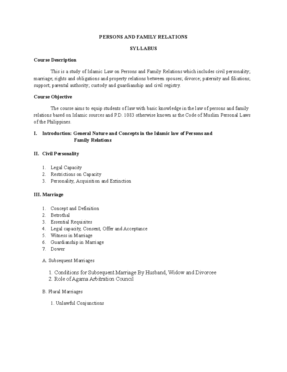 Persons and Family Relations-Syllabus - PERSONS AND FAMILY RELATIONS ...