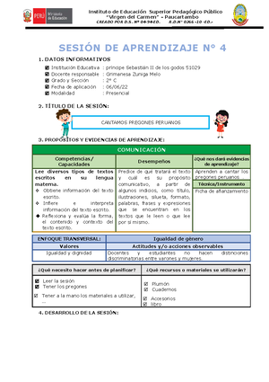 Sesión DE Aprendizaje 20 - 10 -2022 - SESIÓN DE APRENDIZAJE 1. DATOS INFORMATIVOS Institución ...
