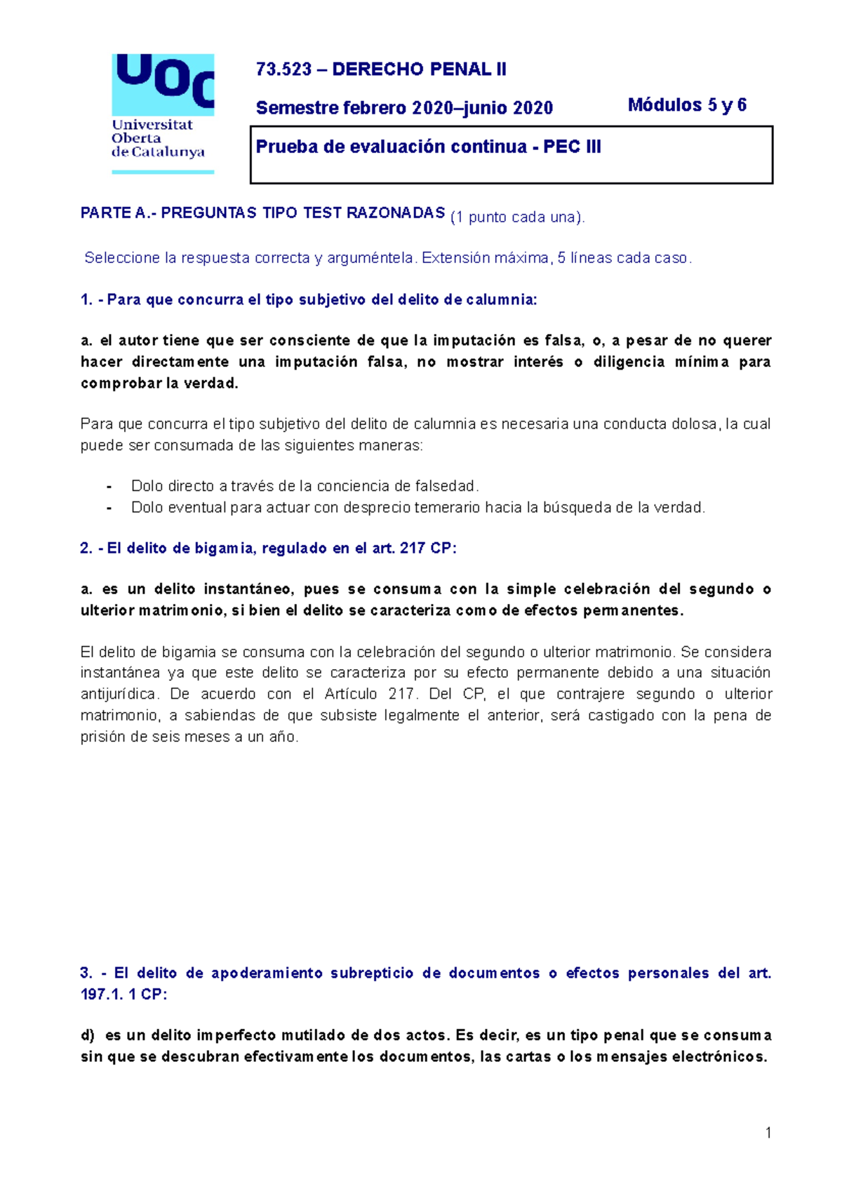 PEC 3 Derecho Penal Enviar - 73 – DERECHO PENAL II Semestre febrero 2020–junio 2020 Módulos 5 y ...