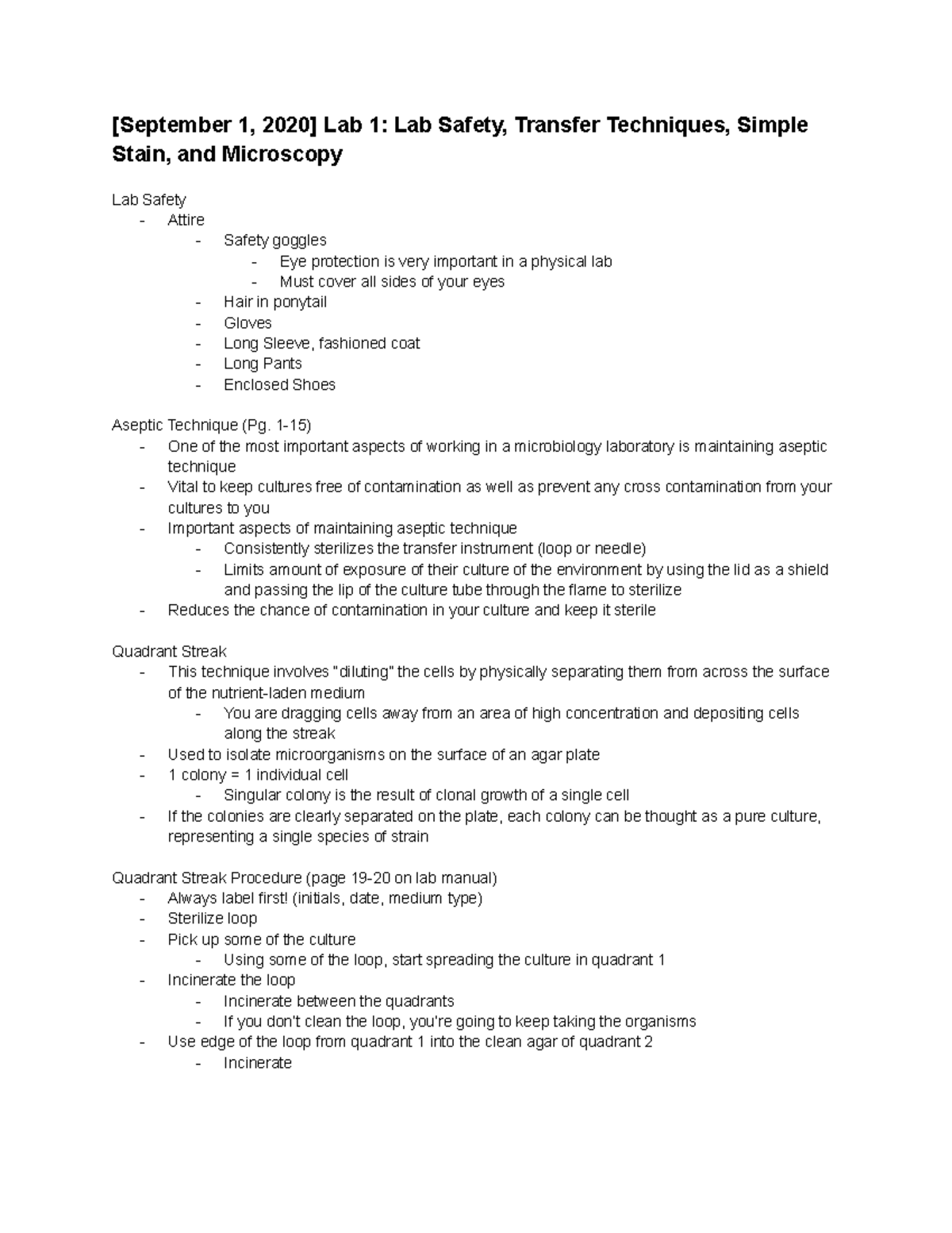 Microbiology Lab Notes [september 1 2020] Lab 1 Lab Safety
