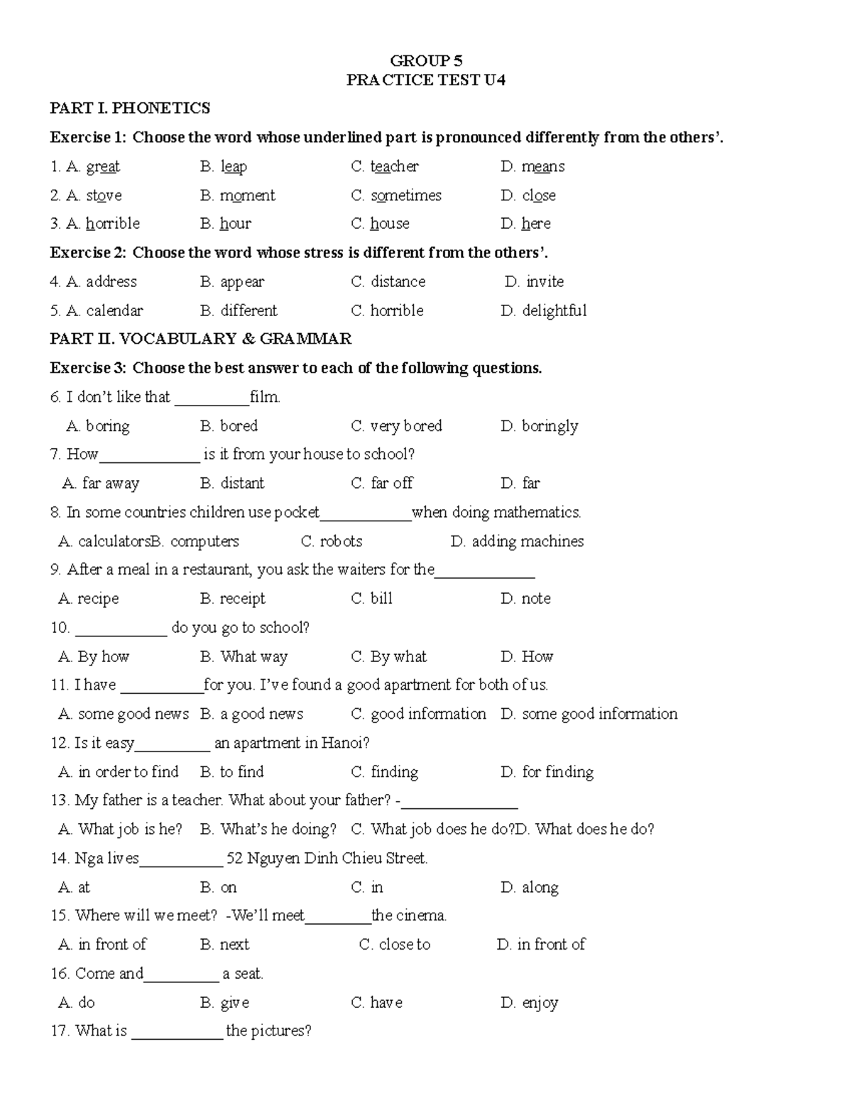 Practice test U4 - study - GROUP 5 PRACTICE TEST U PART I. PHONETICS ...