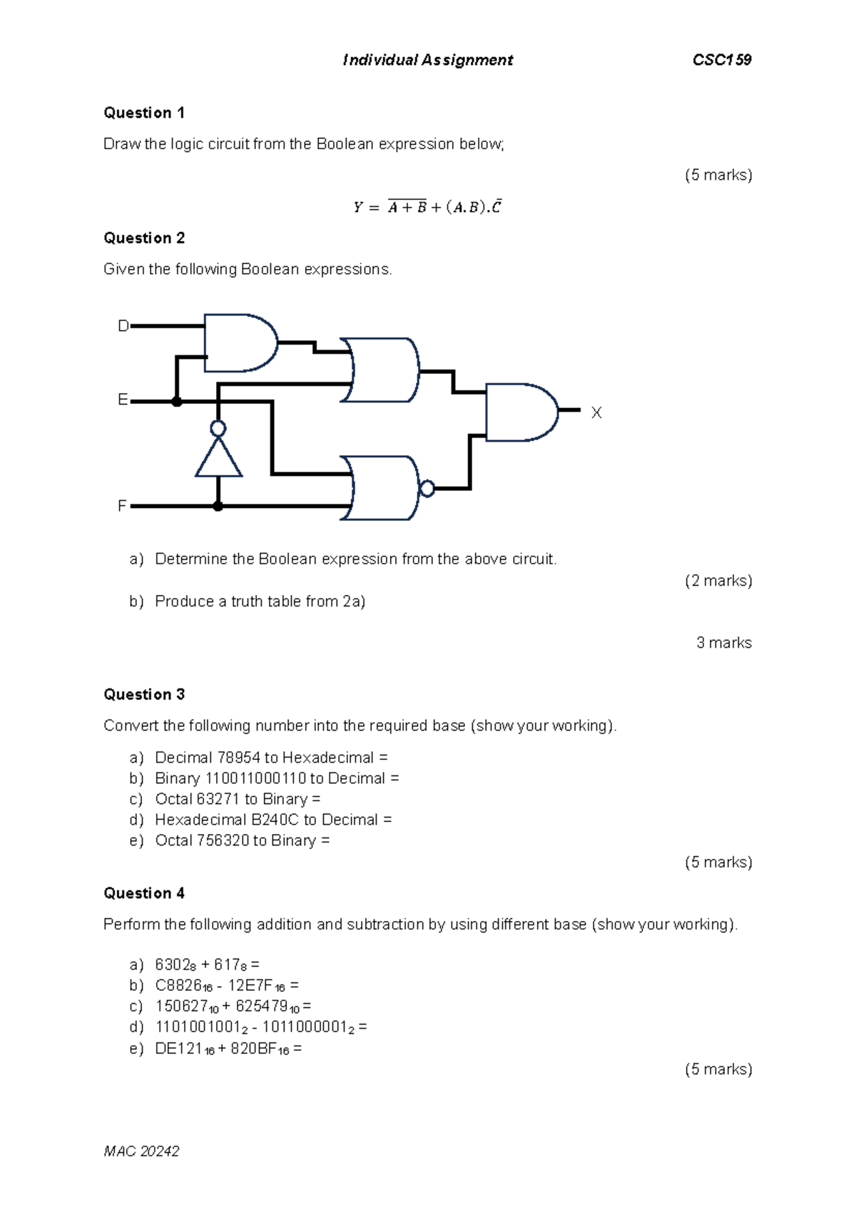 Individual Assignment Mac20242 Question - Individual Assignment CSC MAC 20242 Question 1 Draw ...
