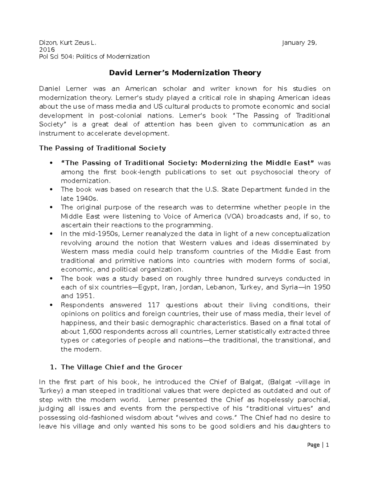 David Lerner s Modernization Theory - Dizon, Kurt Zeus L. January 29 ...