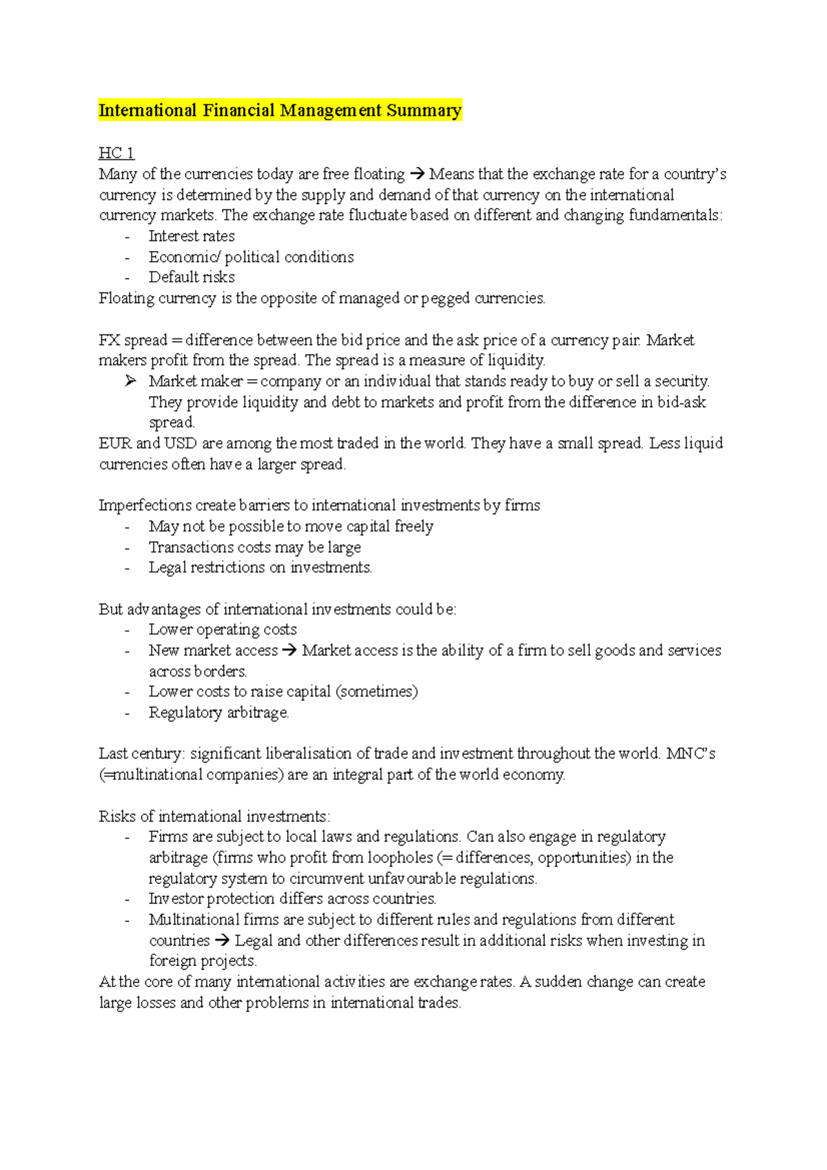 Summary IFM 2 - International Financial Management Summary HC 1 Many of ...