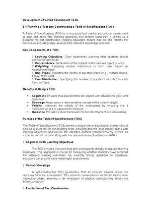 TOS assignment - TABLE OF SPECIFICATION SHORT QUIZ ERUC 61 (LEARNING ASSESSMENT 1) 1ST Sem, S ...