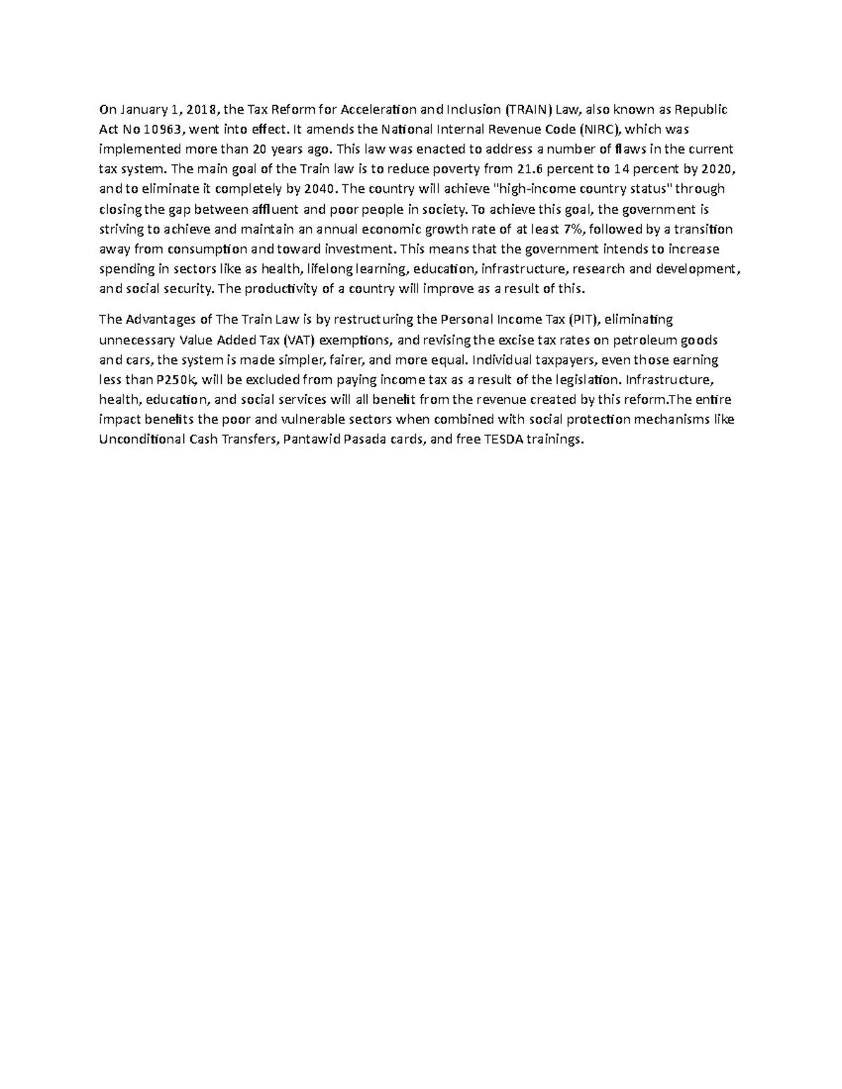 My Self Reflection on Train Law - On January 1, 2018, the Tax Reform ...