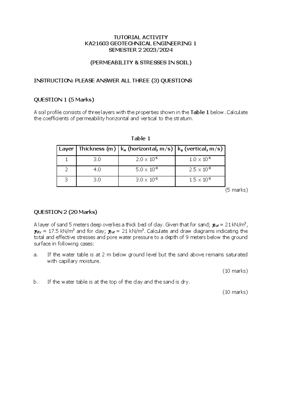 Tutorial Activity 5 Tutorial Activity Ka21603 Geotechnical Engineering 1 Semester 2 2023