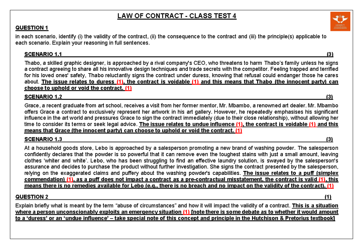 Contract Class Test 4 (Memo) - LAW OF CONTRACT - CLASS TEST 4 QUESTION ...